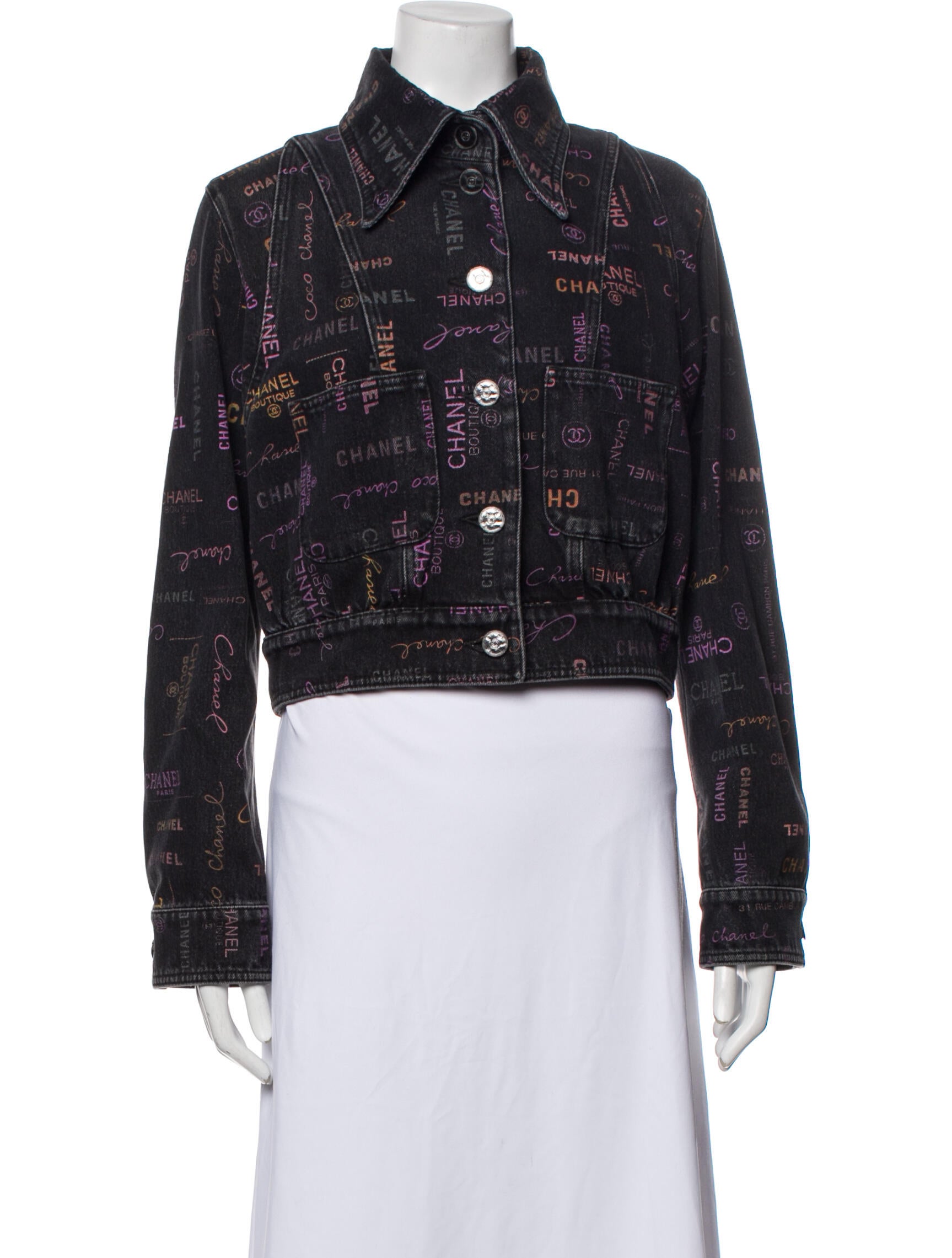 Chanel 2022 Printed Denim Jacket w/ Tags - Black Jackets, Clothing ...