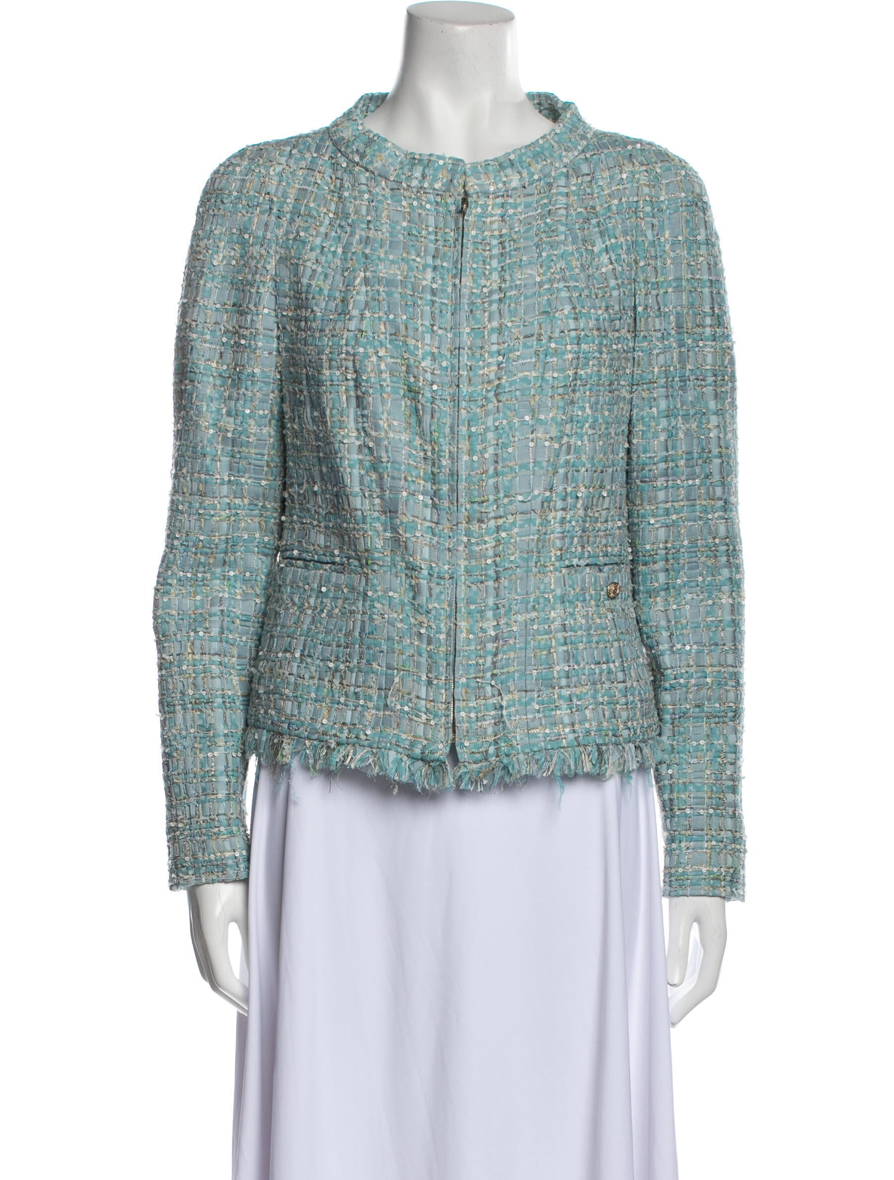 Chanel Tweed Double-Breasted Jacket - Blue Jackets, Clothing ...