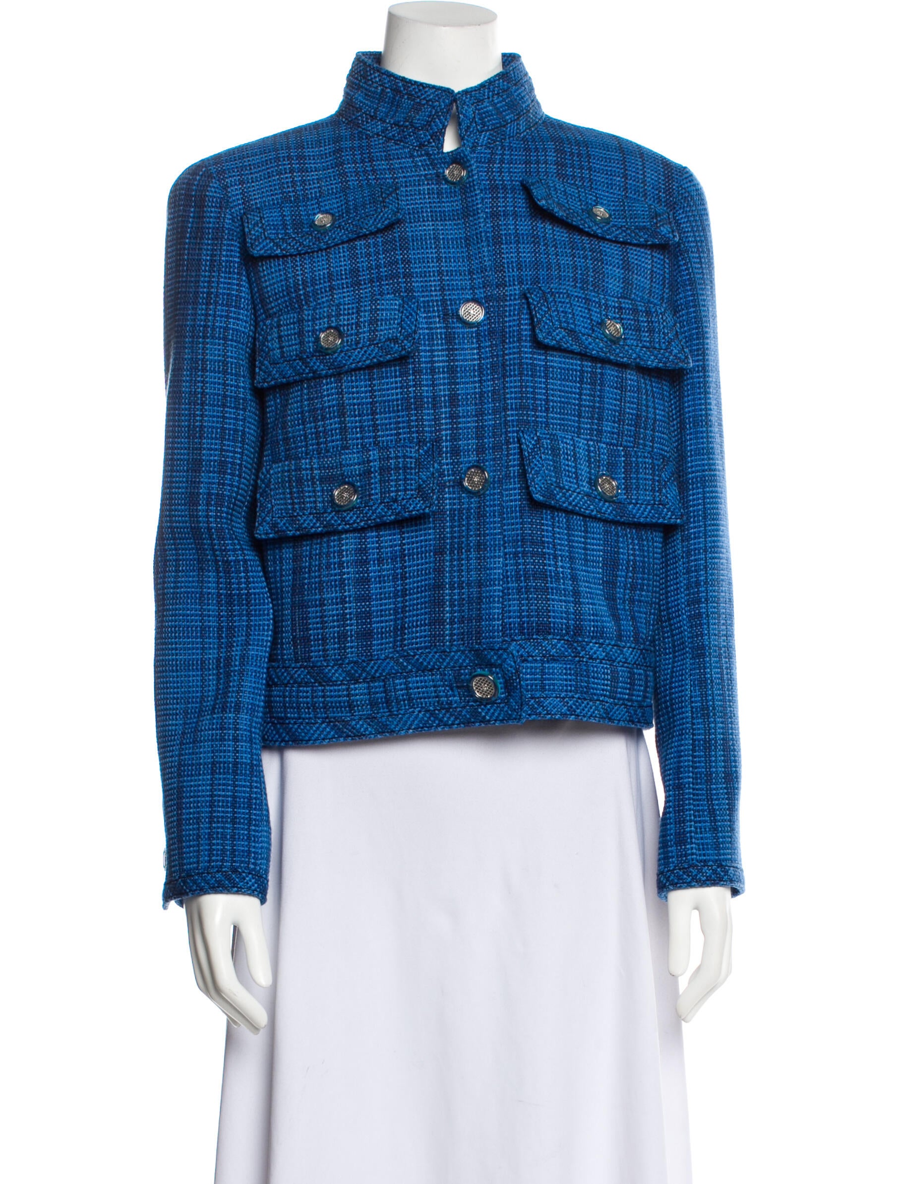Chanel Tweed Double-Breasted Jacket - Blue Jackets, Clothing ...