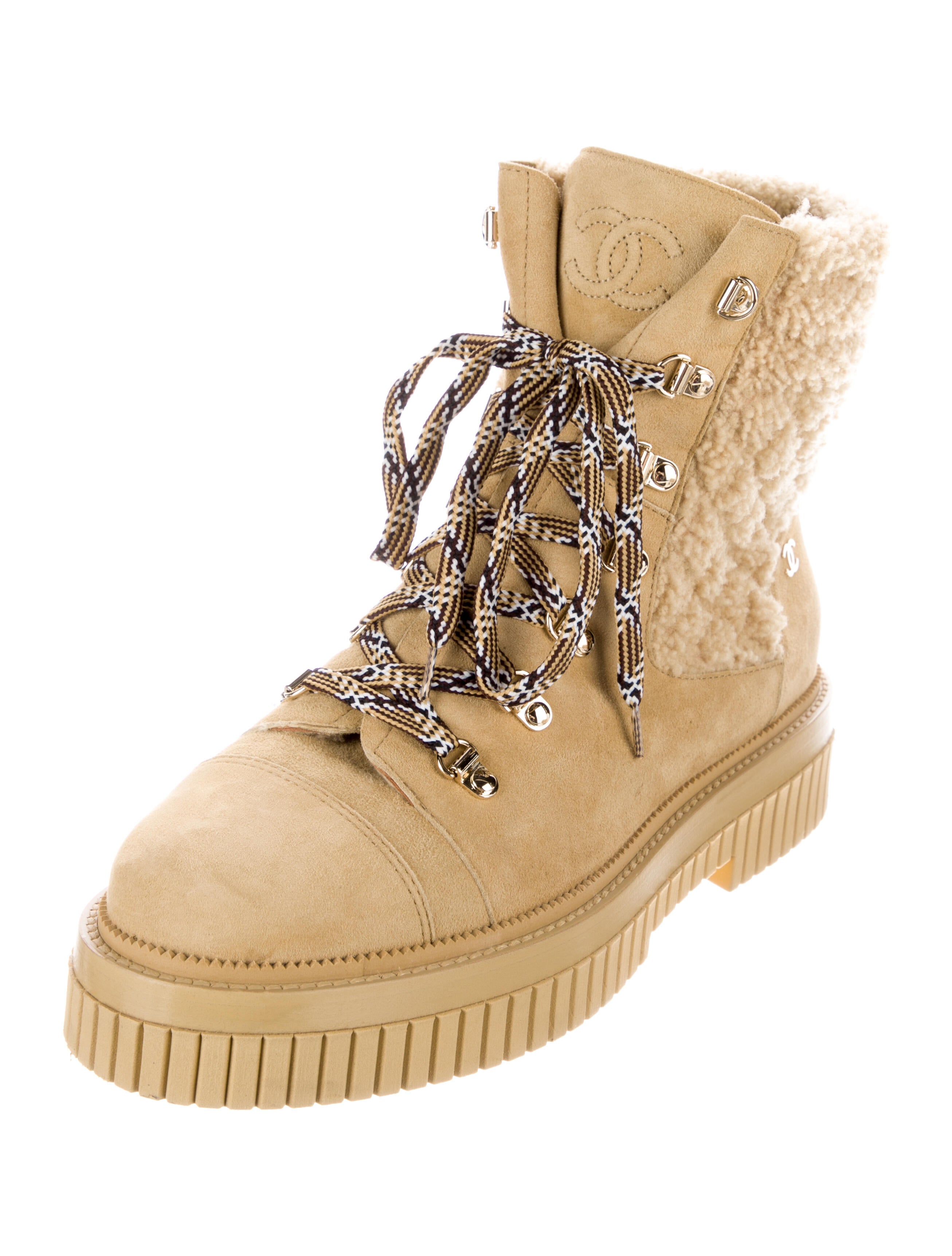 Chanel Interlocking CC Logo Suede Hiking Boots - Neutrals Boots, Shoes ...