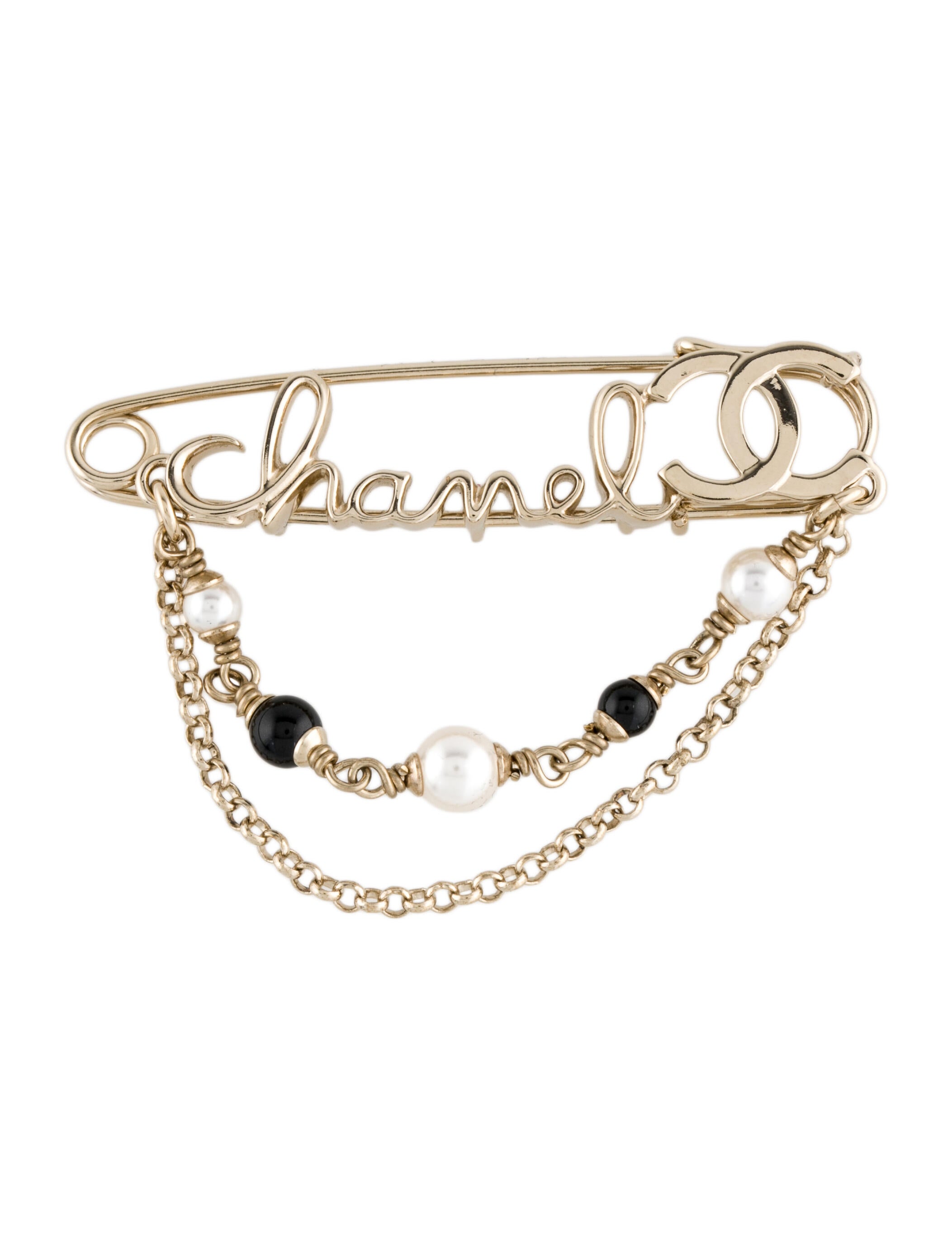 Chanel 2022 Faux Pearl CC Safety Pin Brooch - Black, Gold-Plated Pin ...