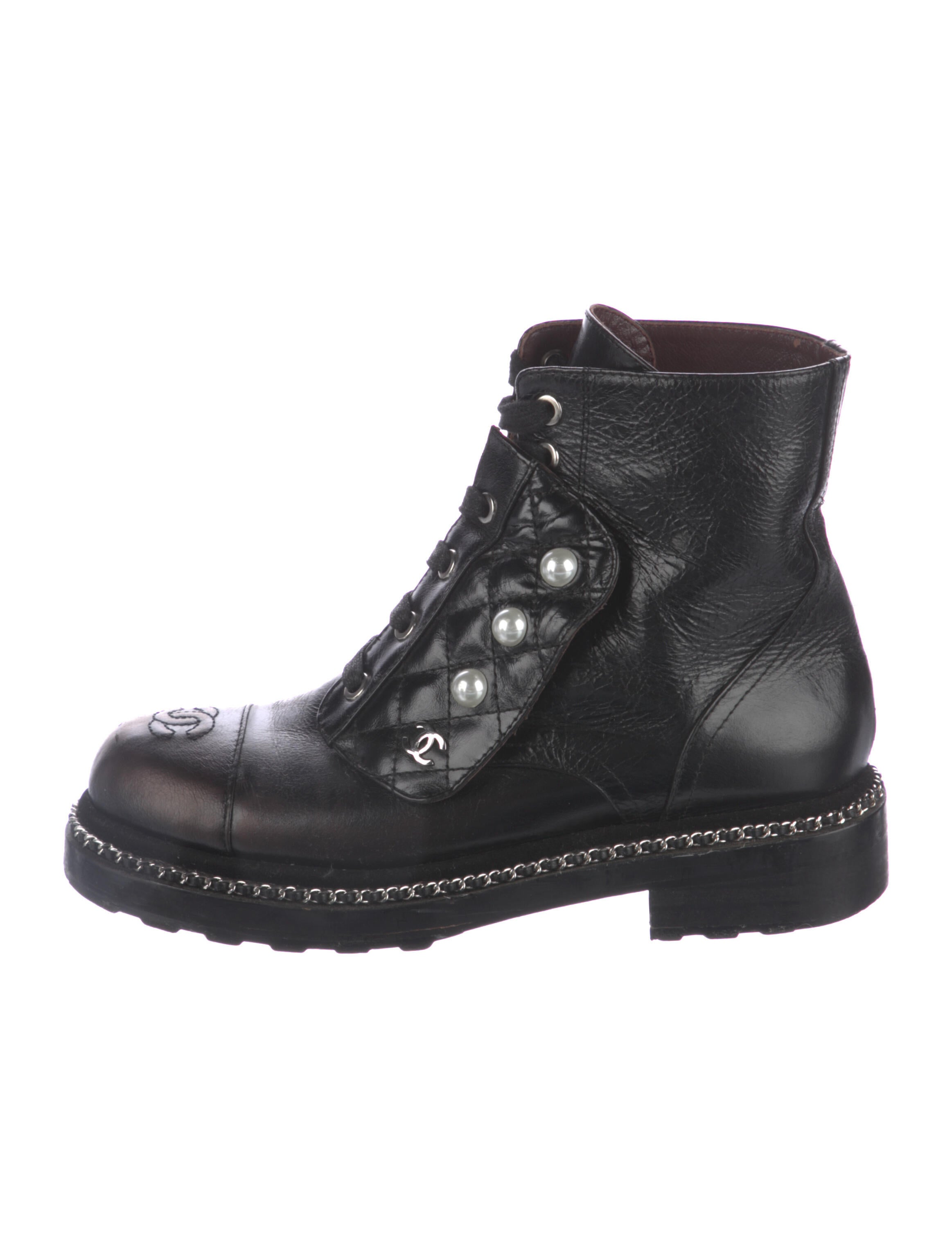 Chanel Interlocking CC Logo Leather Combat Boots - Black Boots, Shoes ...