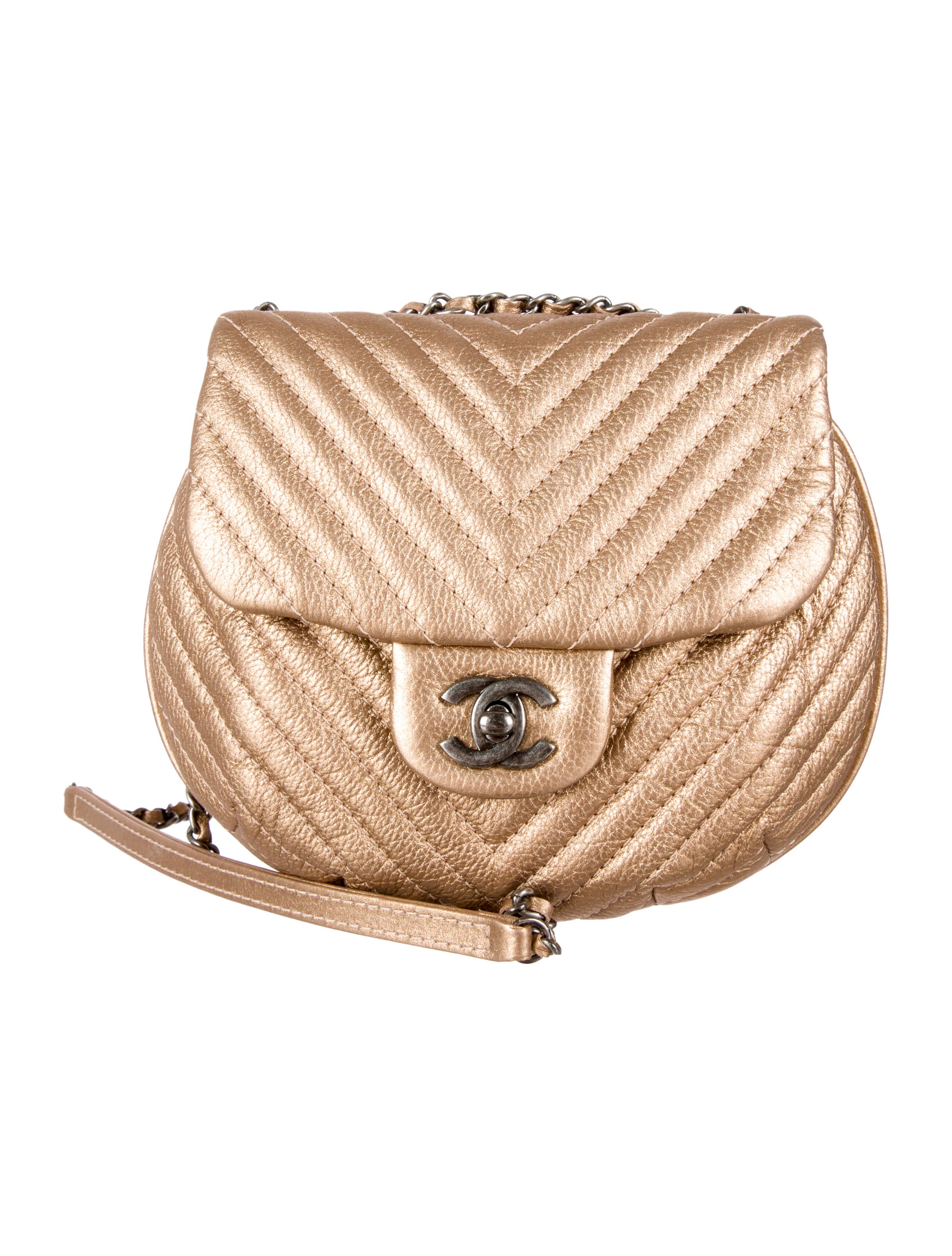 Chanel Chevron Round Flap Bag - Gold Crossbody Bags, Handbags ...