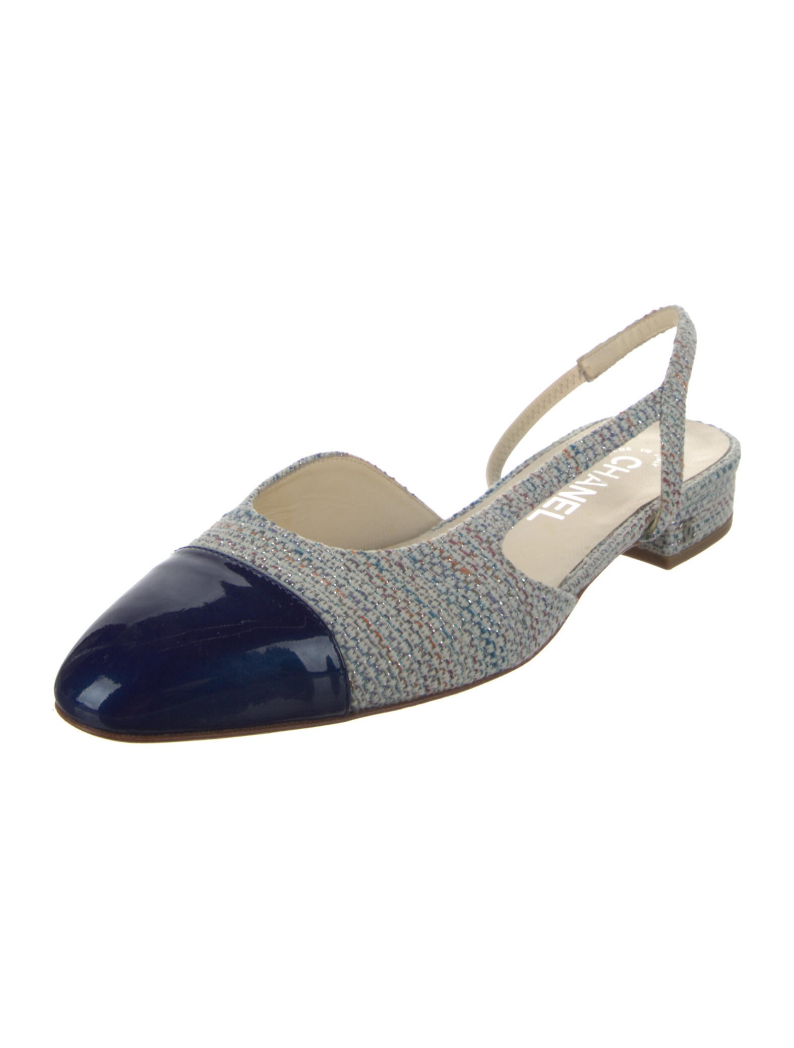Chanel Interlocking CC Logo Tweed Slingback Flats - Blue Flats, Shoes ...