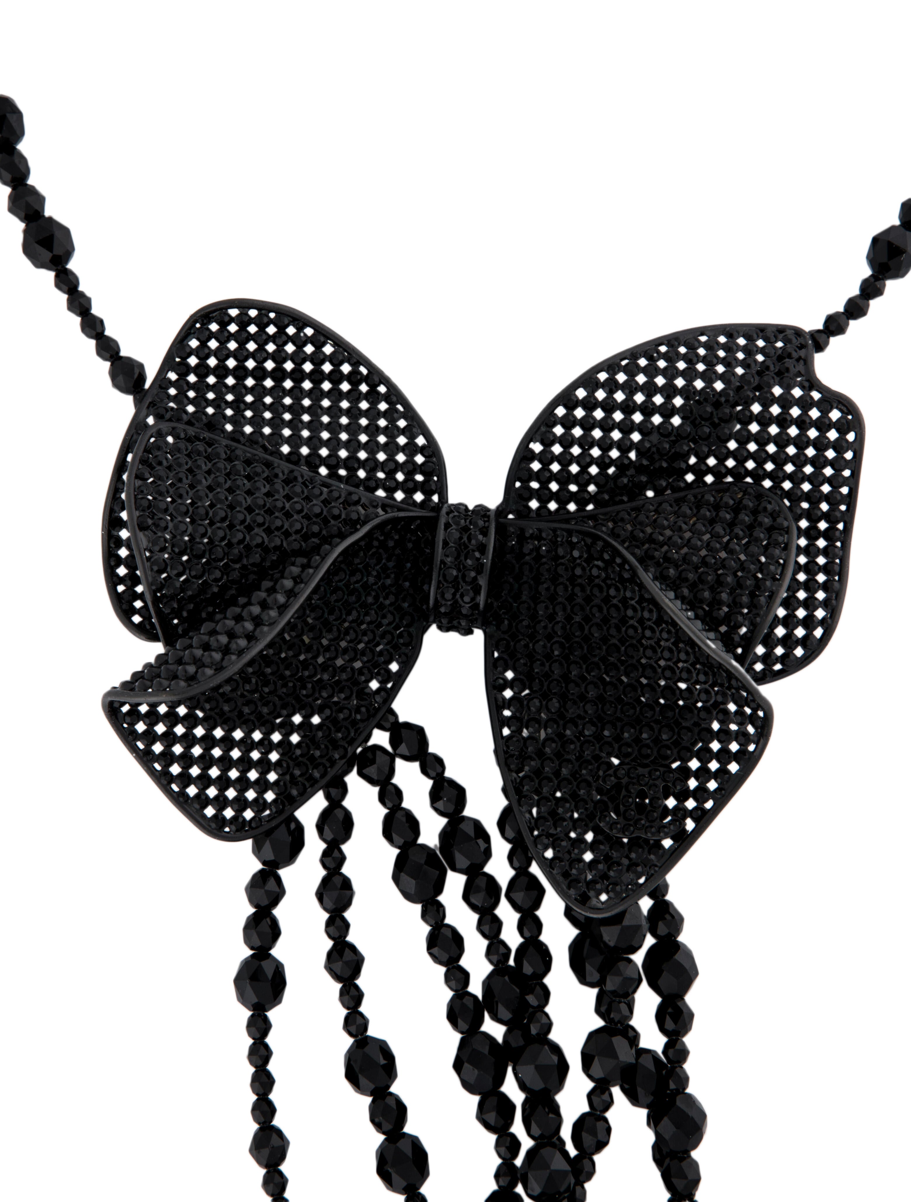 Chanel Strass & Bead Bow Draped Collar Necklace - Black, Ruthenium ...