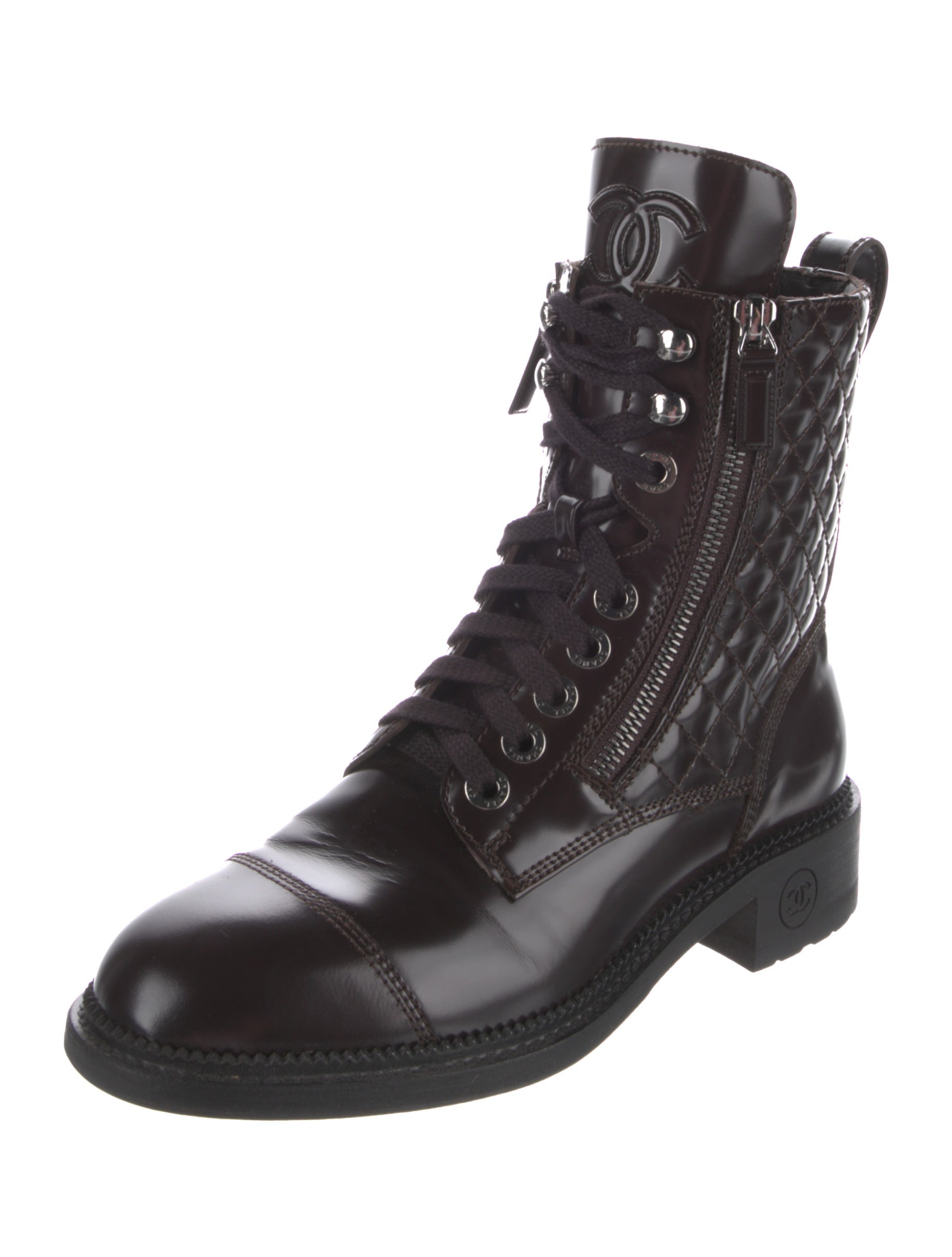 Chanel Interlocking CC Logo Patent Leather Combat Boots - Brown Boots ...