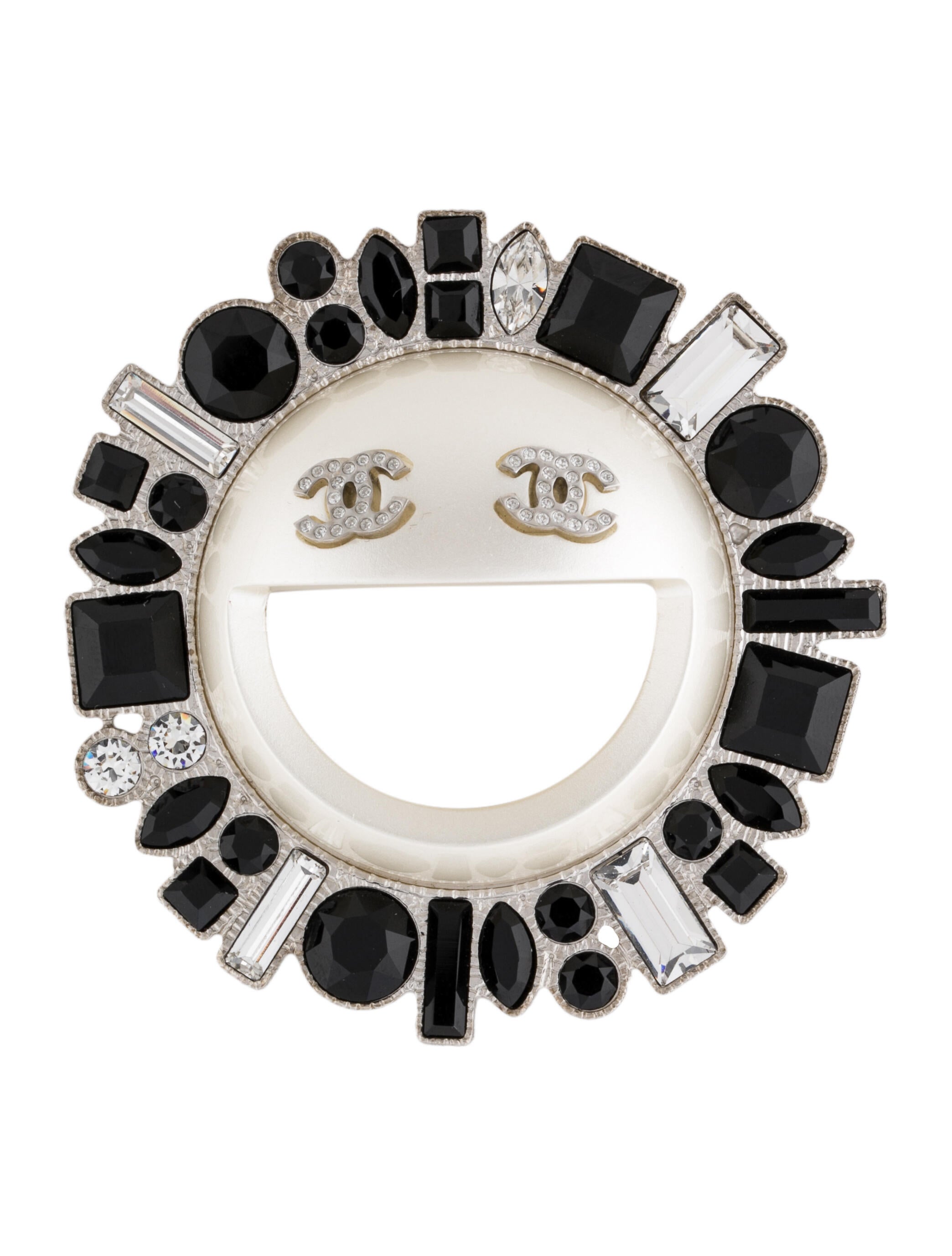 Chanel Strass & Resin Smiley Face Brooch - Black, Palladium-Plated Pin ...