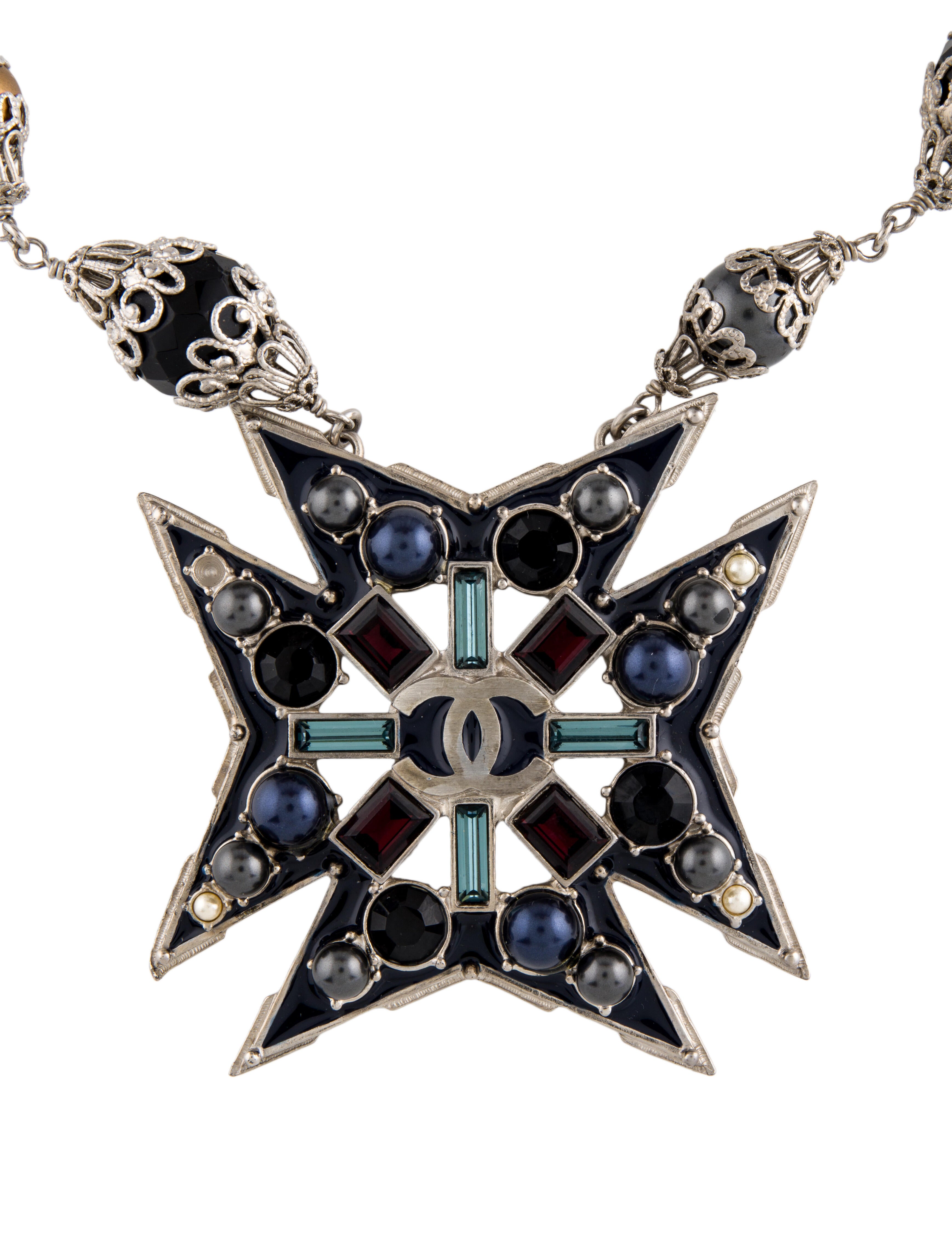 Chanel Faux Pearl, Strass, Resin & Enamel Maltese Cross Pendant ...