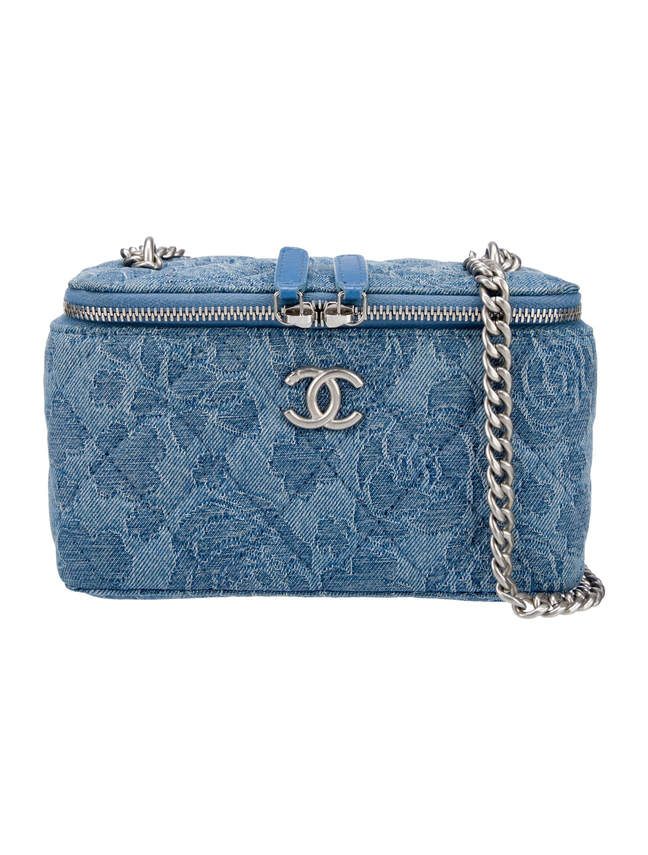 Chanel Denim Quilted Camellia Vanity Case w/ Chain - Blue Crossbody ...