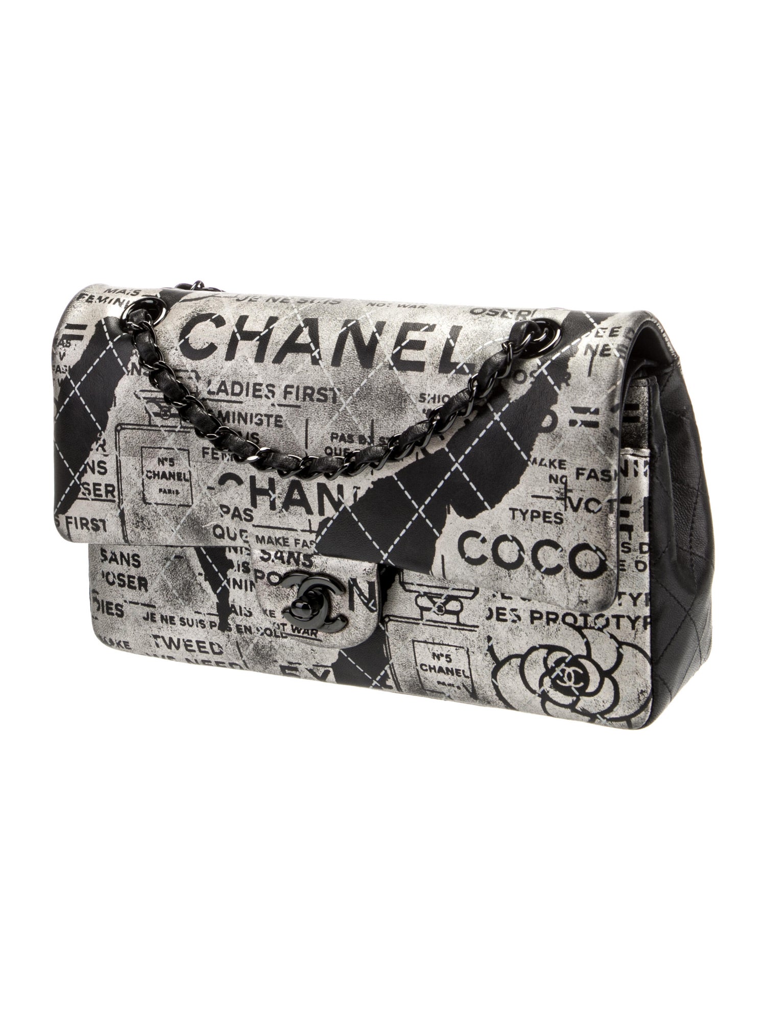Chanel Medium Hand-Painted Newspaper Double Flap Bag - Black Shoulder ...