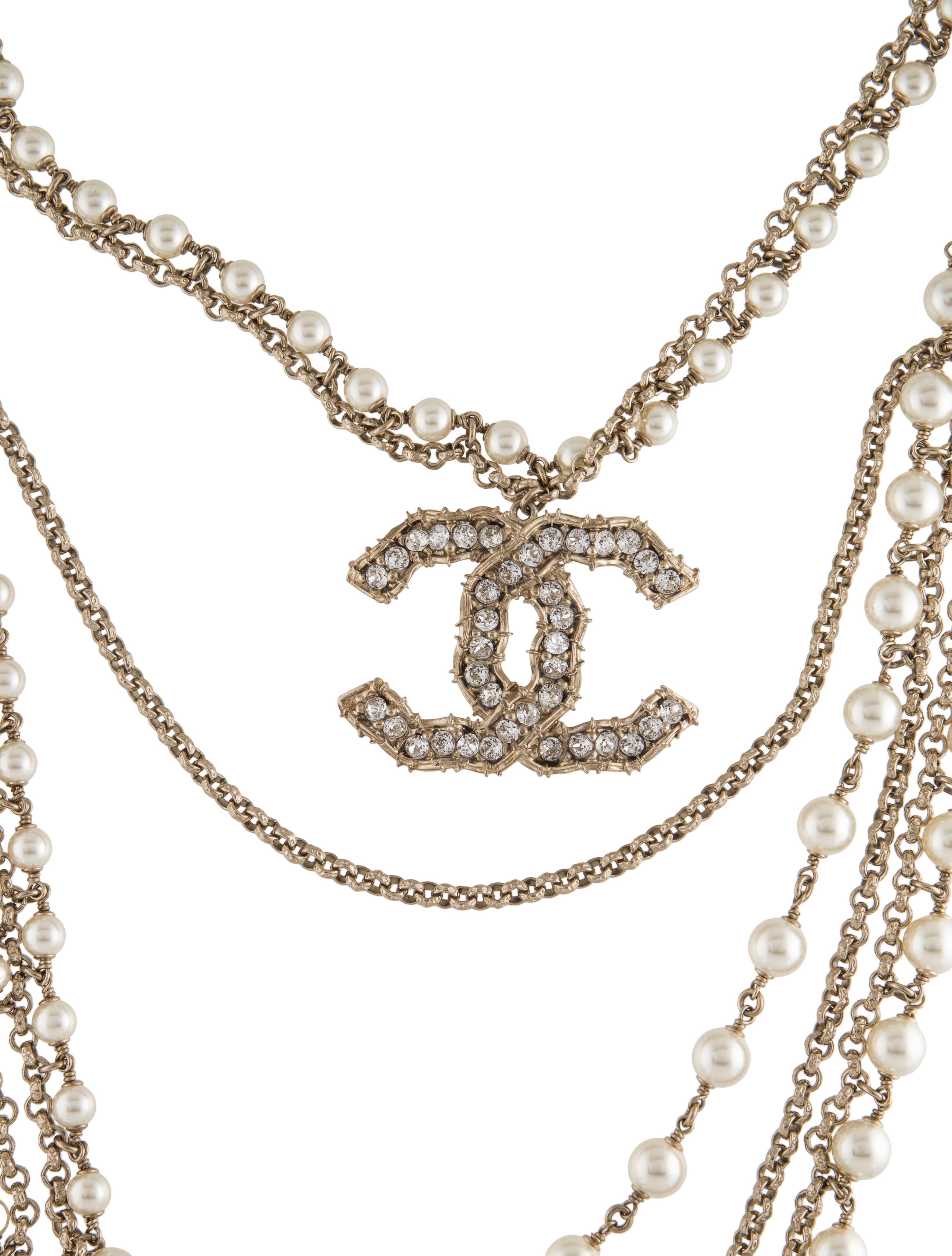 Chanel 2020 Faux Pearl & Strass CC Logo Multistrand Pendant Necklace ...