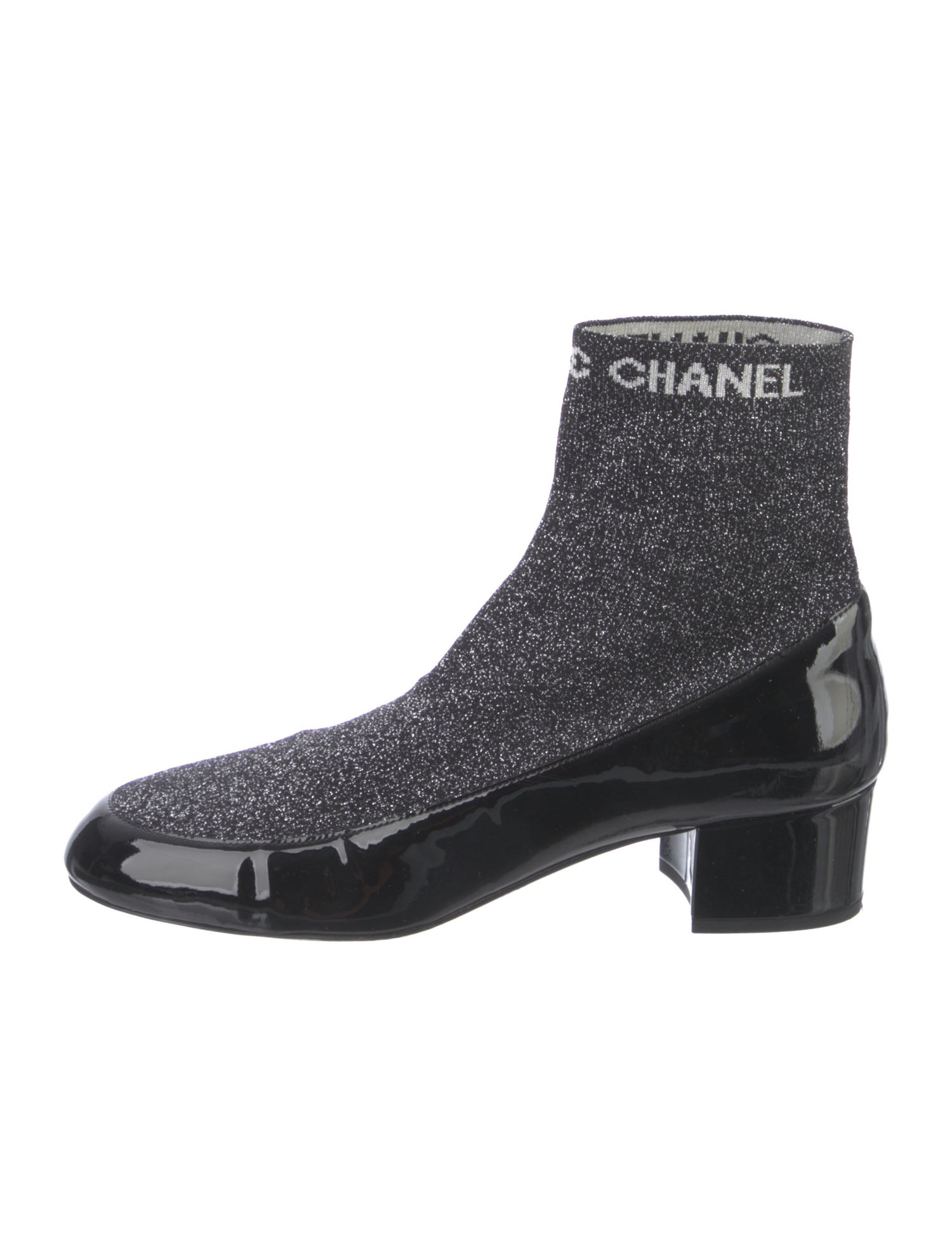Chanel Printed Glitter Accents Sock Boots - Black Boots, Shoes ...