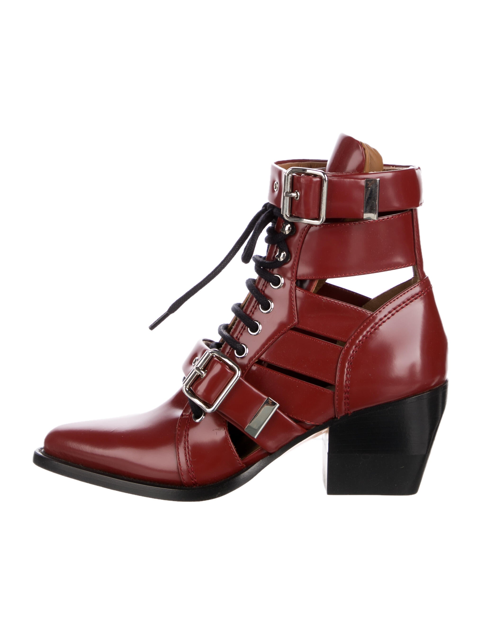 Chloé Patent Leather Cutout Accent Lace-Up Boots - Red Boots, Shoes ...
