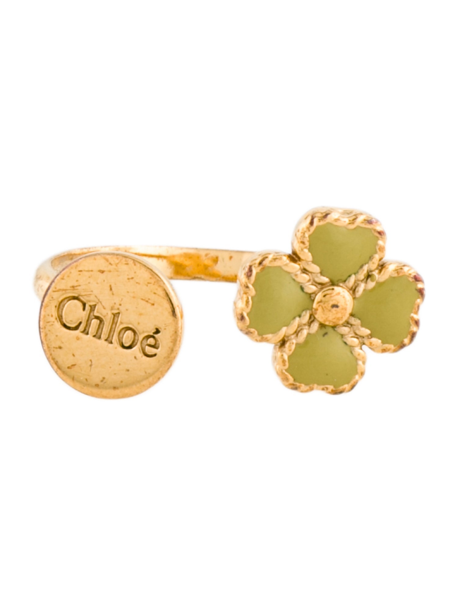 Chloé Enamel Clover Logo Wrap Band Ring - Green, Gold-Tone Metal Band ...