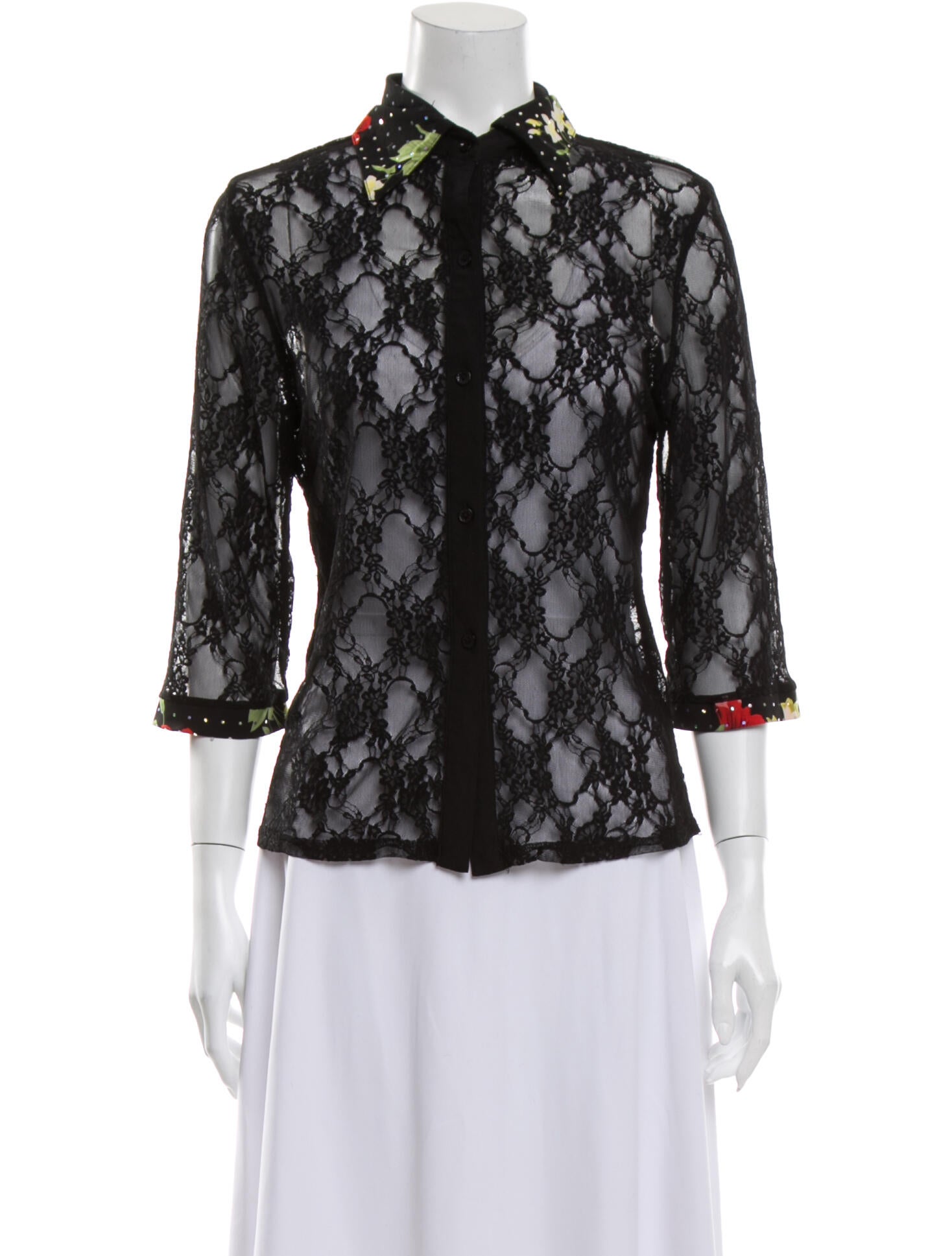 Christian Dior Lace Pattern Three-Quarter Sleeve Button-Up Top - Tops ...