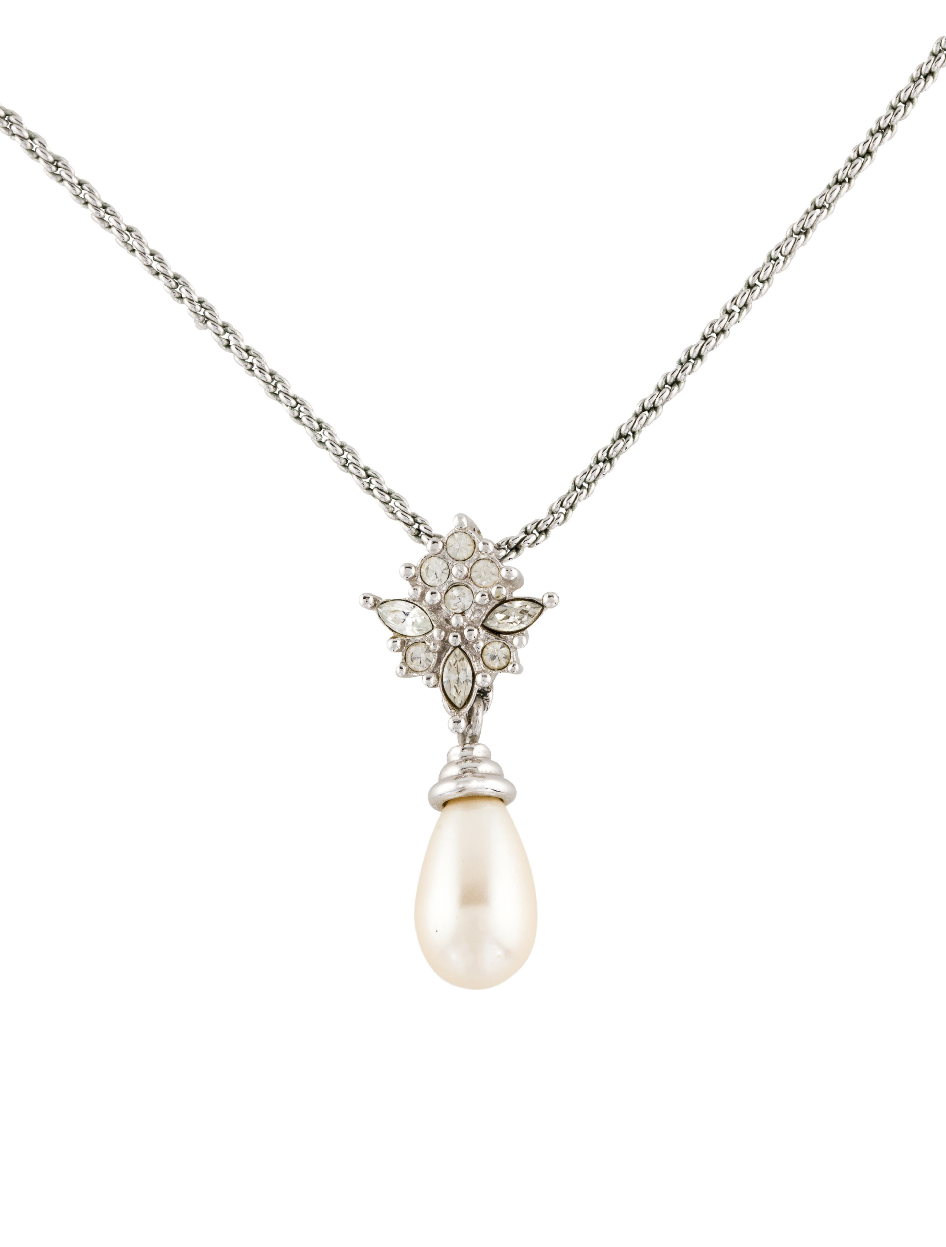 Christian Dior Vintage Faux Pearl & Crystal Necklace - Silver-Tone ...