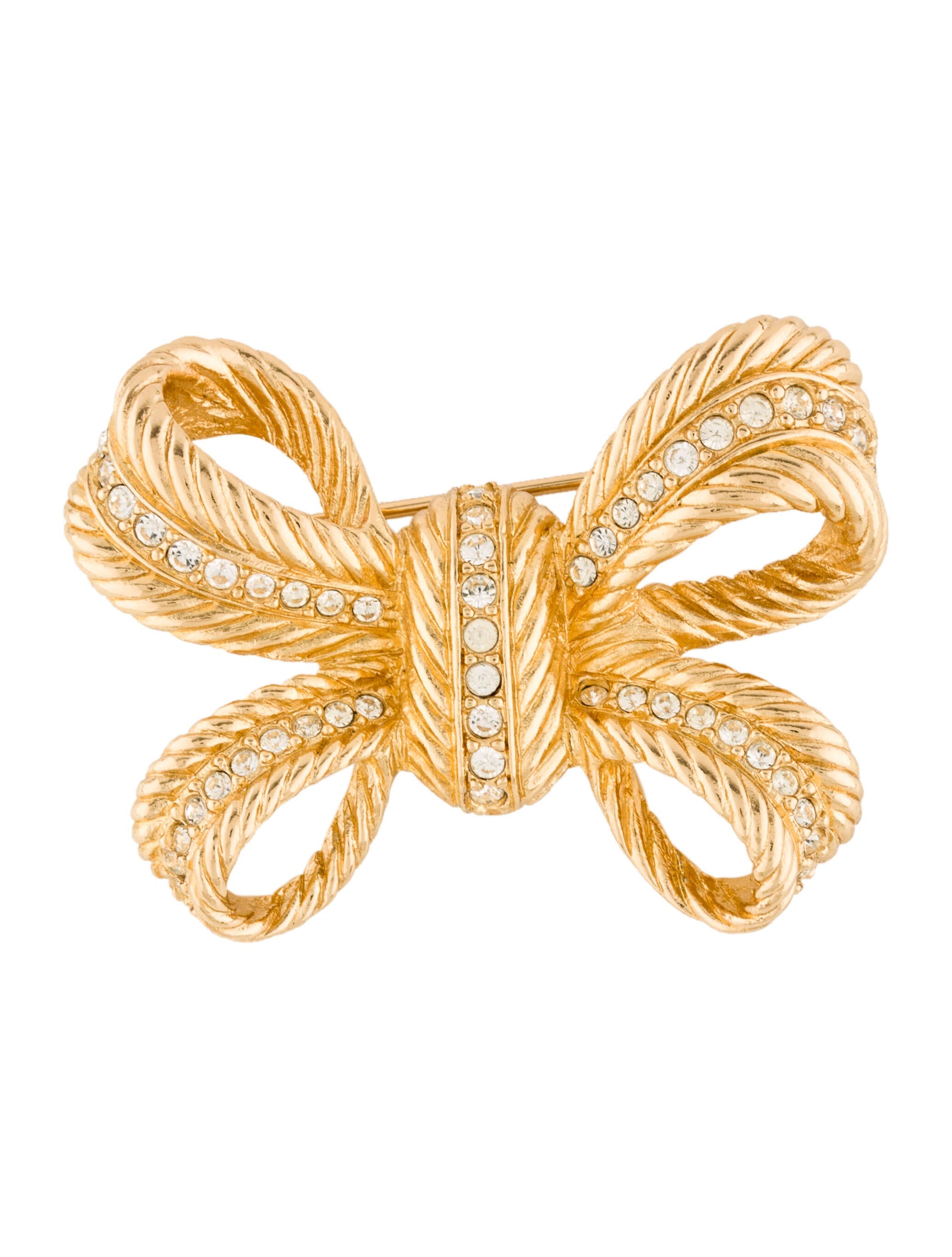 Christian Dior Vintage Crystal Bow Brooch - Gold-Tone Metal Pin ...