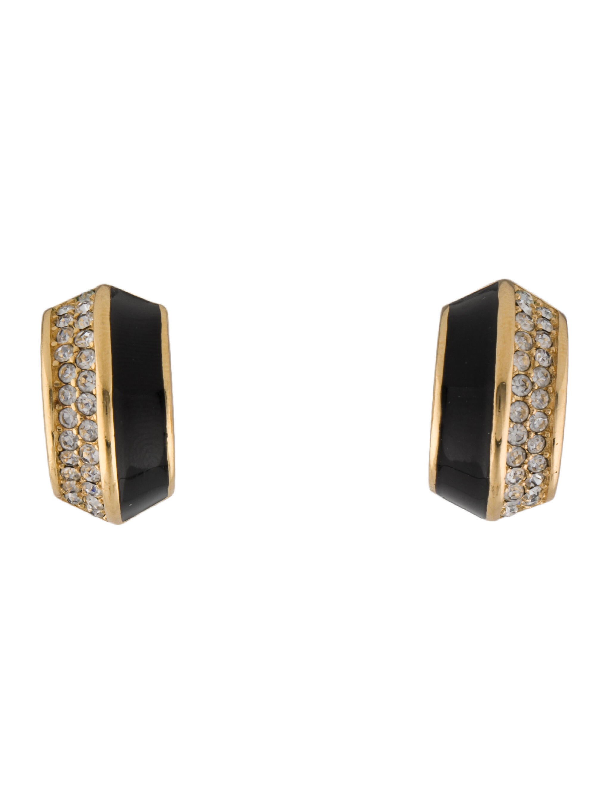 Christian Dior Vintage Crystal & Enamel Clip-On Earrings - Black, Gold ...
