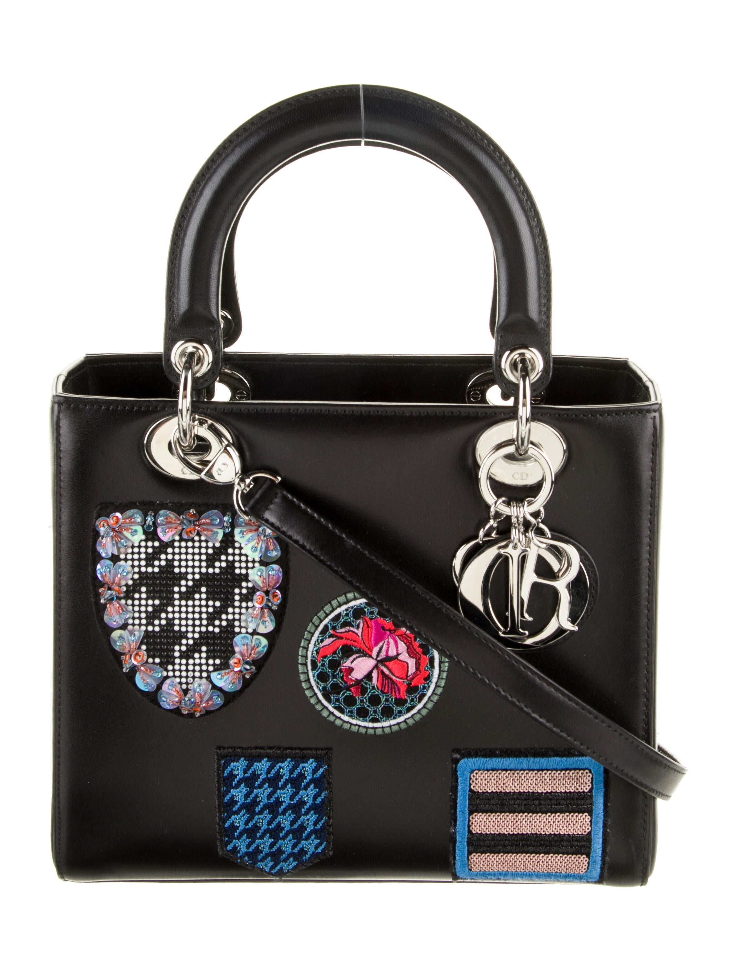 Christian Dior Patch Embellished Medium Lady Dior - Black Handle Bags ...