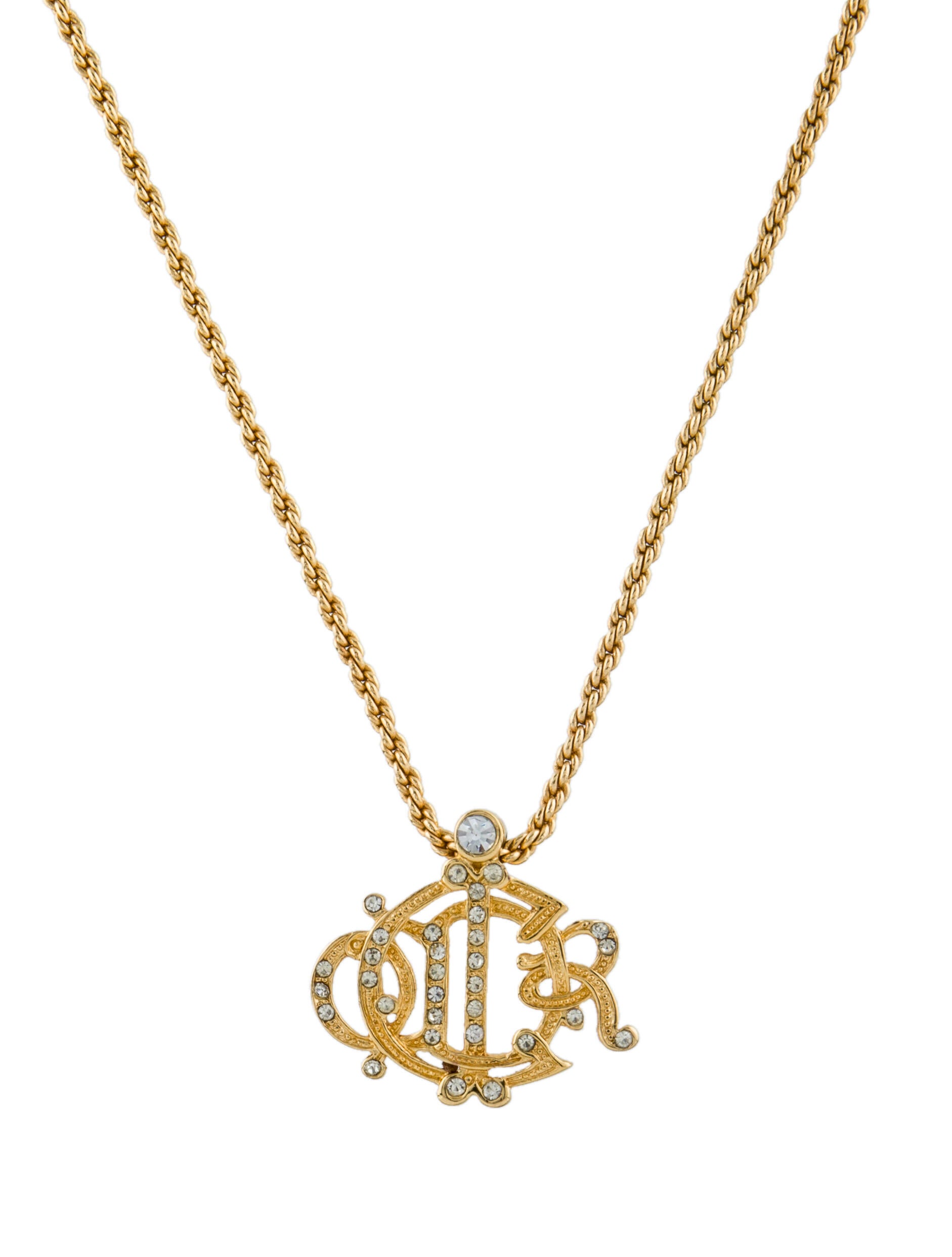 Christian Dior Vintage Crystal DIOR Logo Insignia Pendant Necklace ...