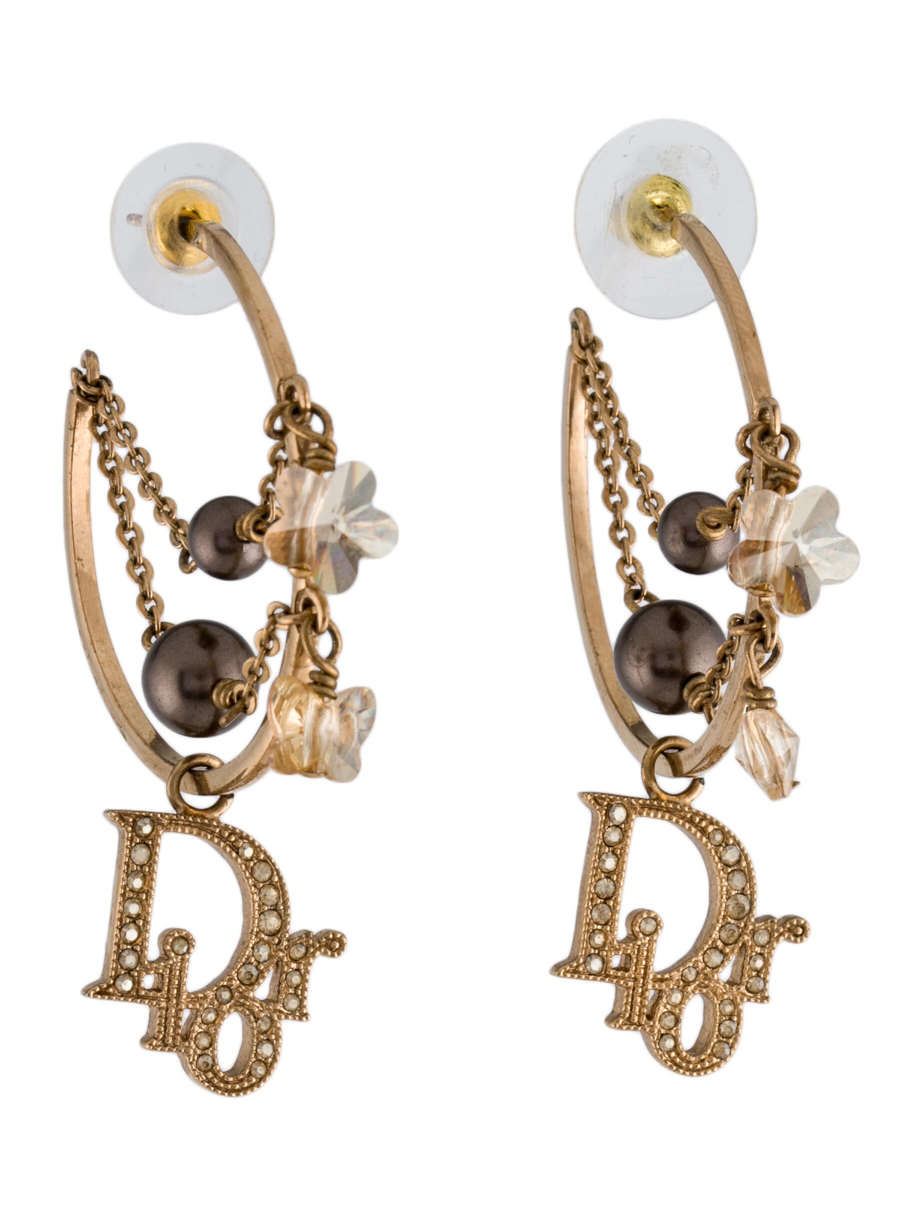 Christian Dior Vintage Faux Pearl & Crystal Logo Hoop Earrings - Gold ...