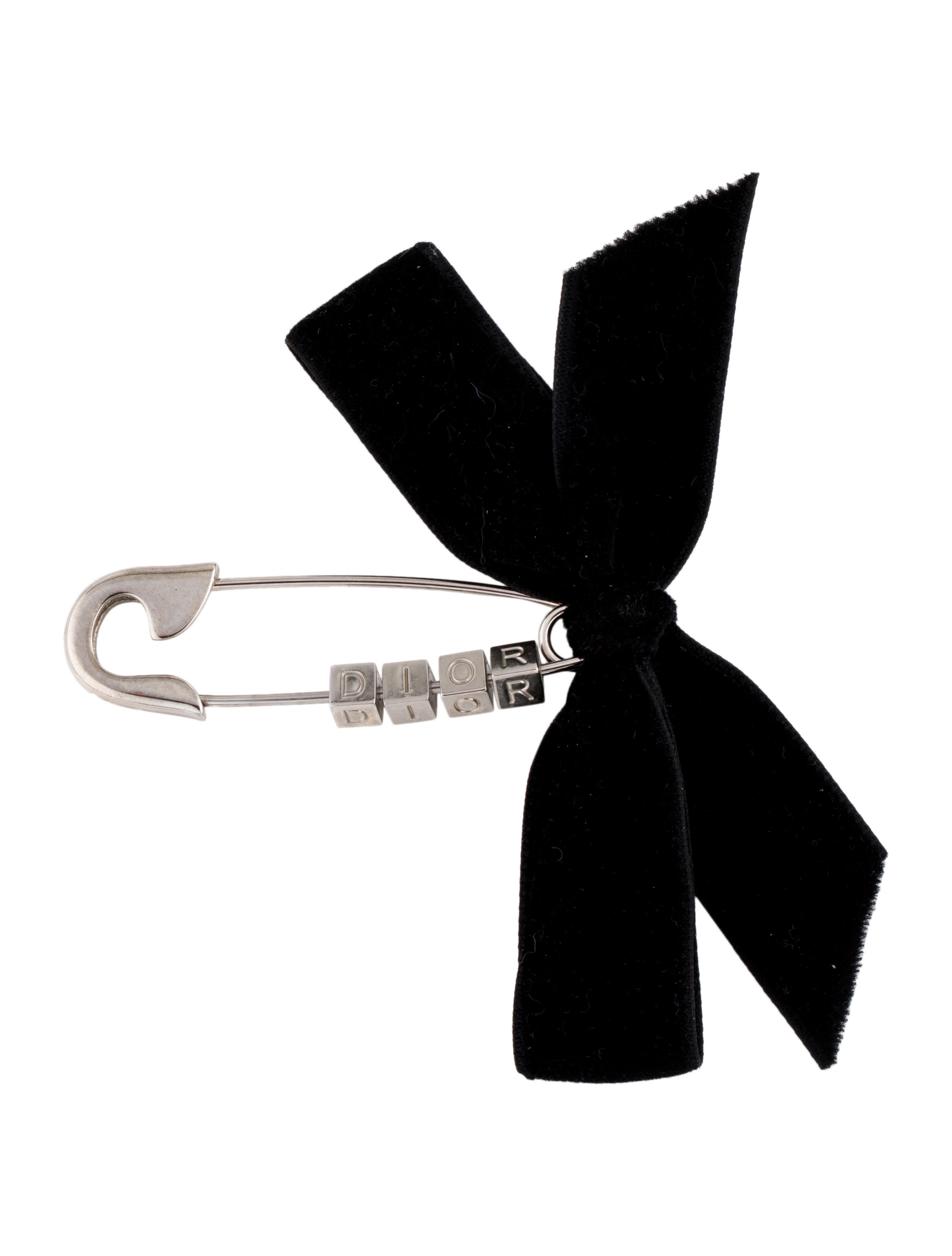Christian Dior Logo Block Letters w/ Ribbon Safety Pin Brooch - Black ...
