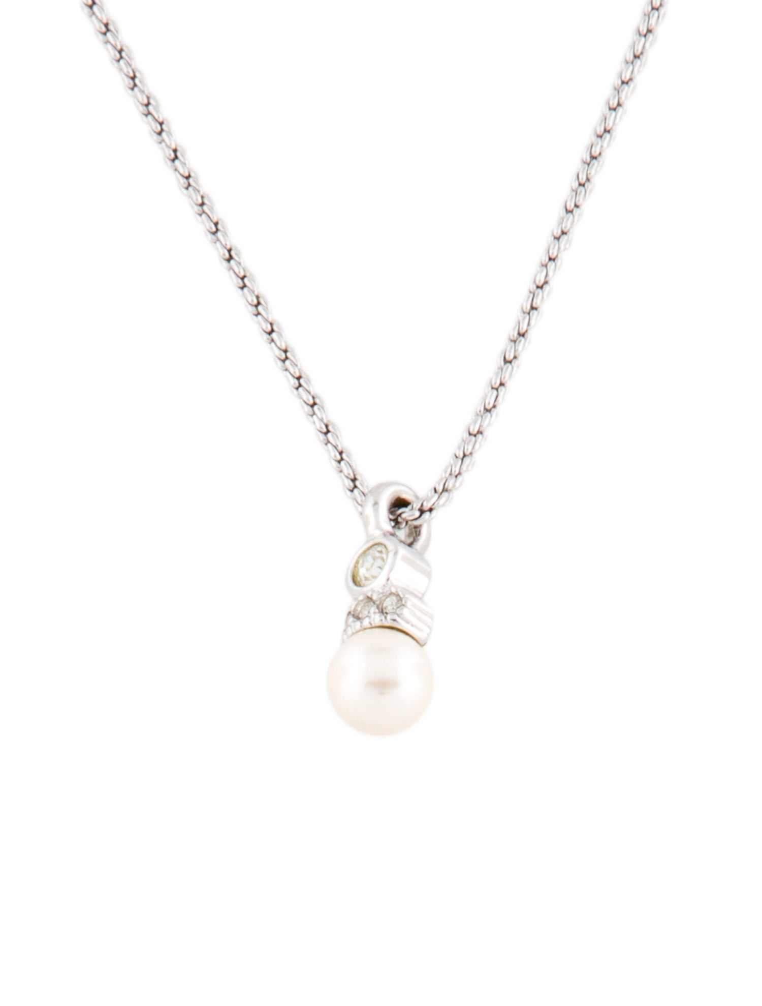 Christian Dior Vintage Crystal & Faux Pearl Pendant Necklace - Silver ...