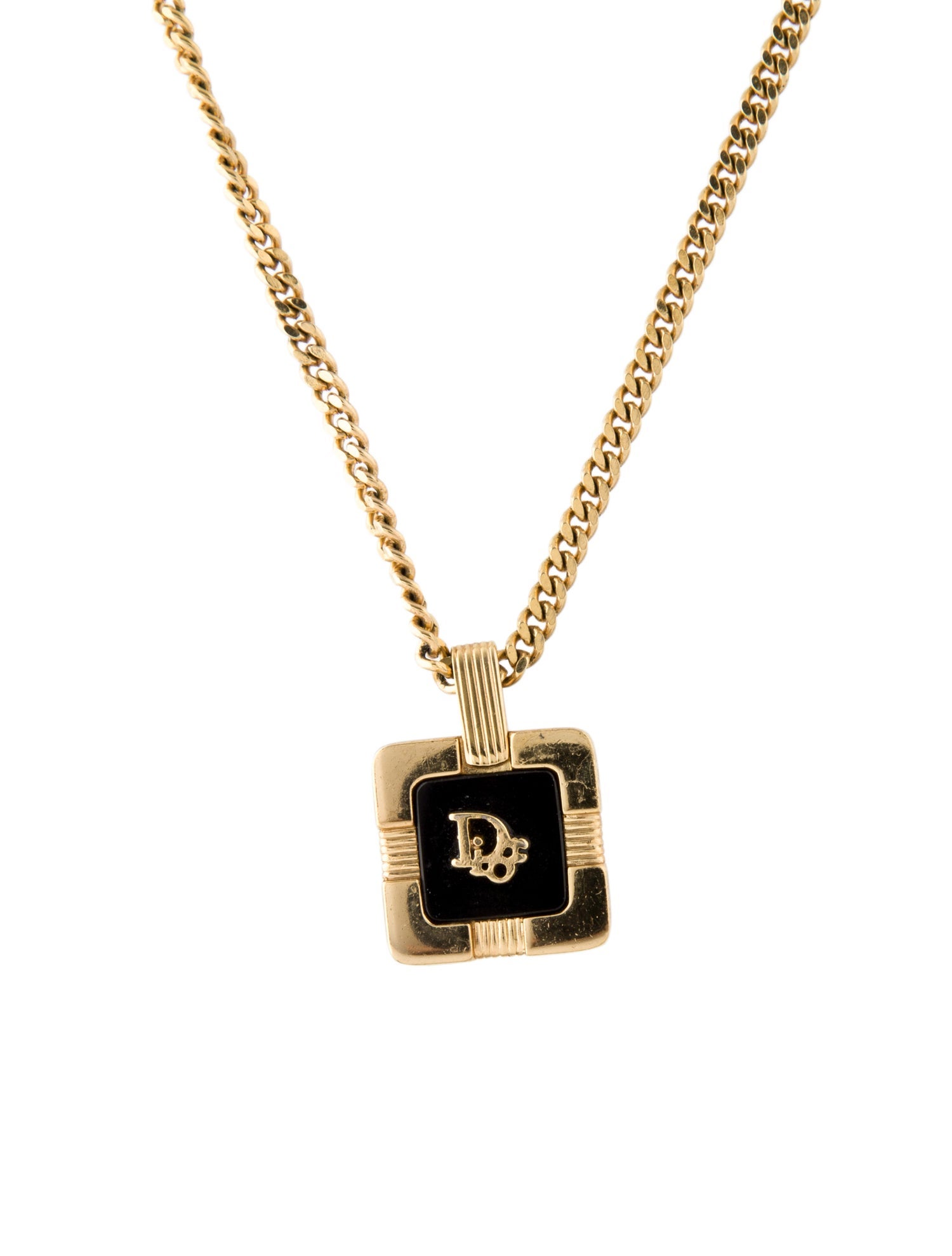 Christian Dior Vintage Enamel Logo Pendant Necklace - Black, Gold ...