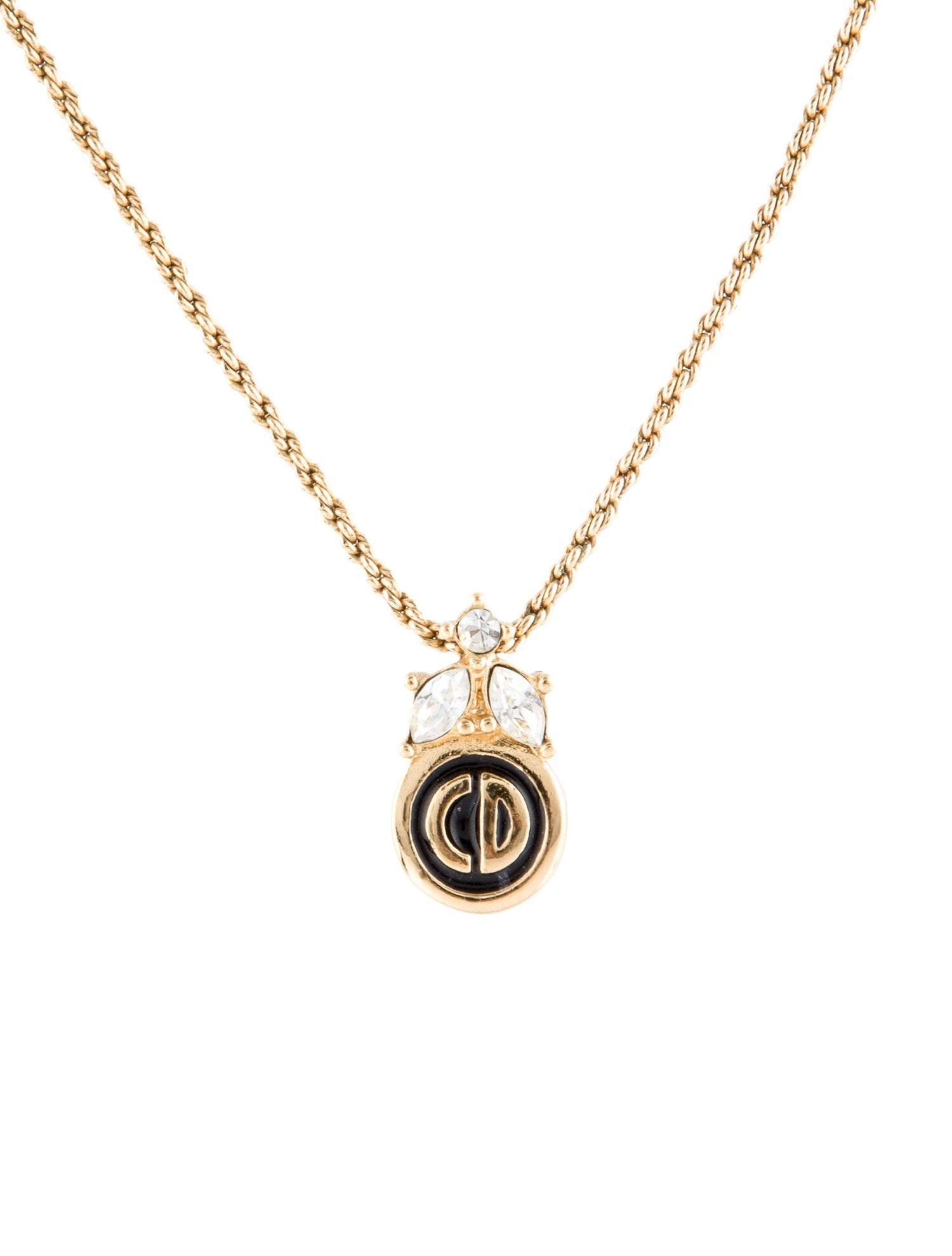 Christian Dior Vintage Enamel & Crystal Logo Pendant Necklace - Black ...