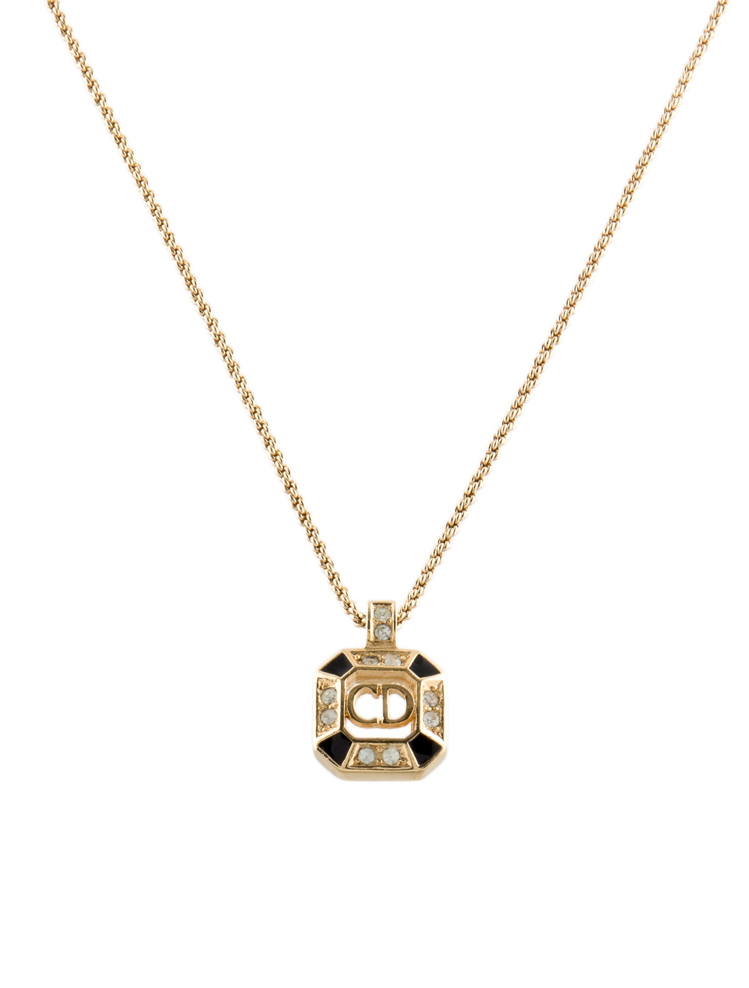 Christian Dior Vintage Enamel & Crystal Logo Pendant Necklace - Black ...