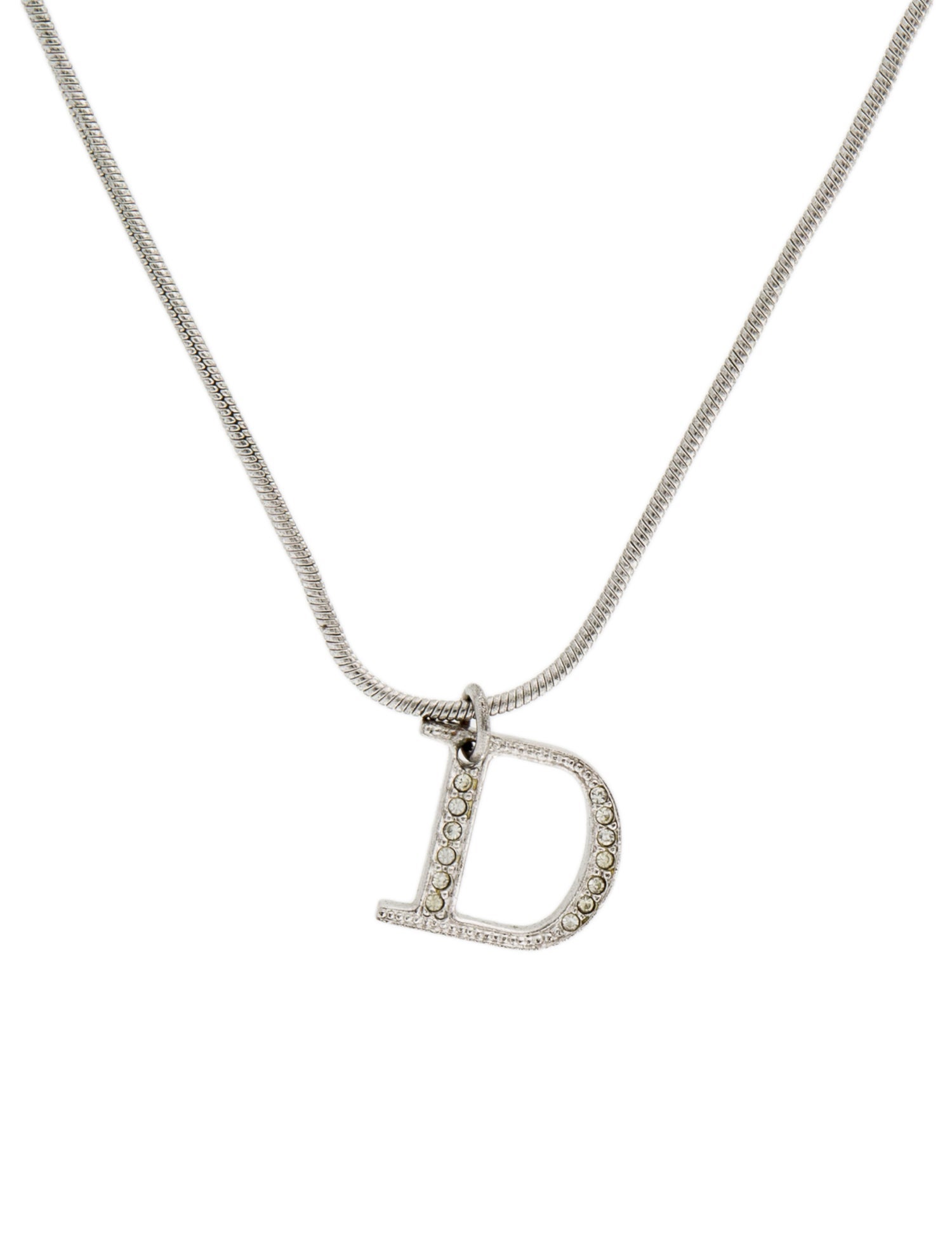 Christian Dior Vintage 'D' Pendant Necklace - Clear, Palladium-Plated ...