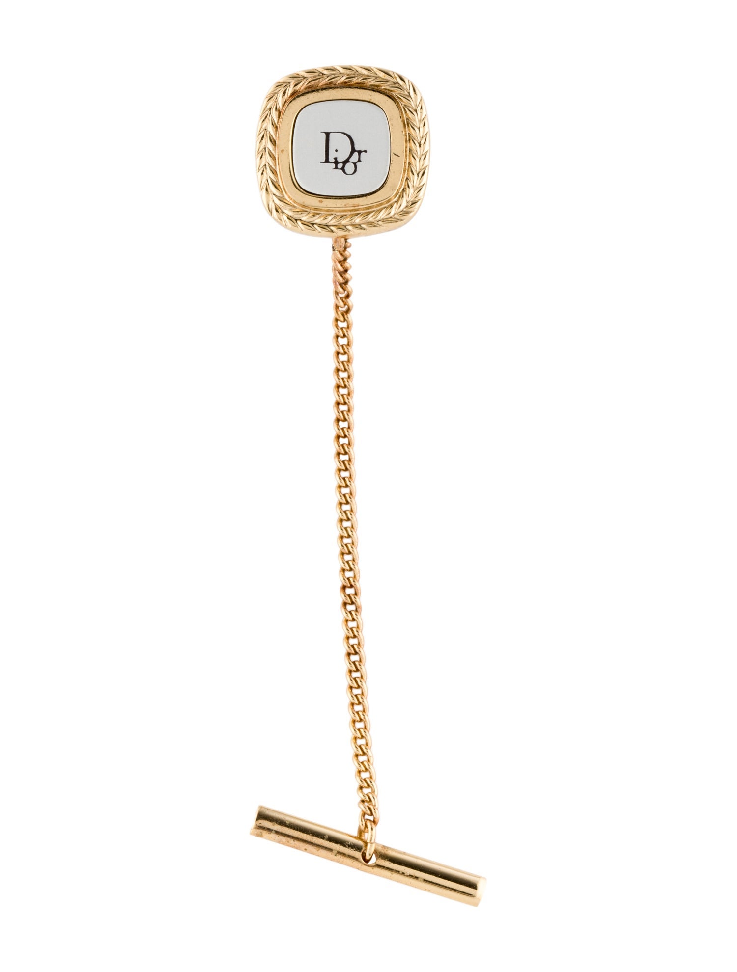 Christian Dior Vintage Two - Tone Logo Tie Pin w/ Chain - Palladium ...