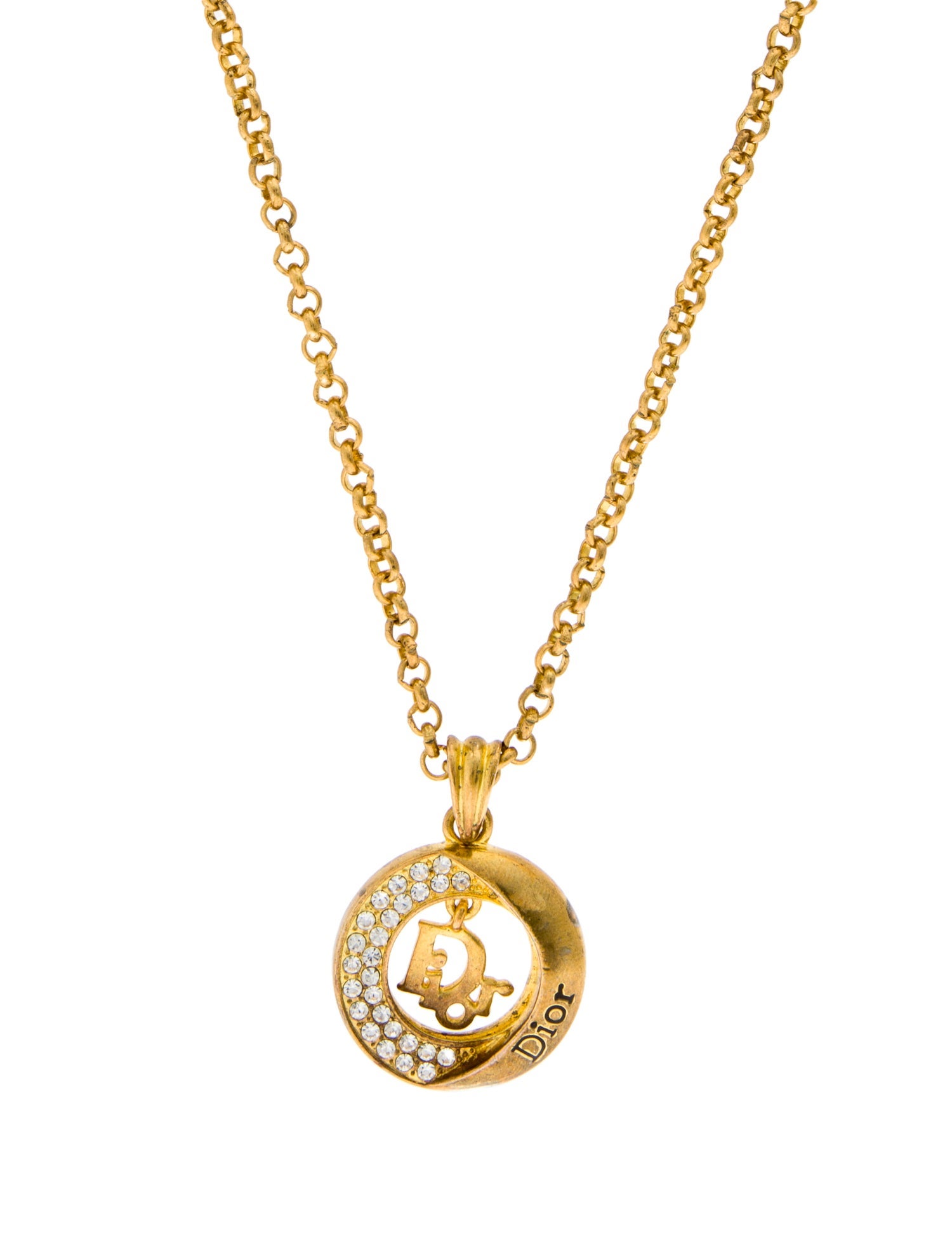 Christian Dior Vintage Crystal Logo Pendant Necklace - Gold-Plated ...