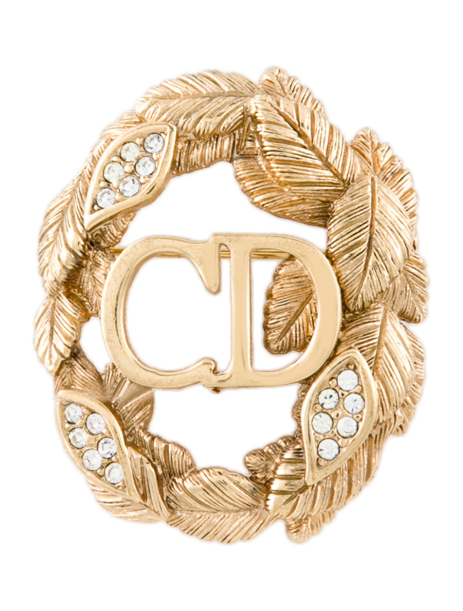 Christian Dior Vintage Crystal CD Leaf Brooch Pin - Gold-Plated Pin ...