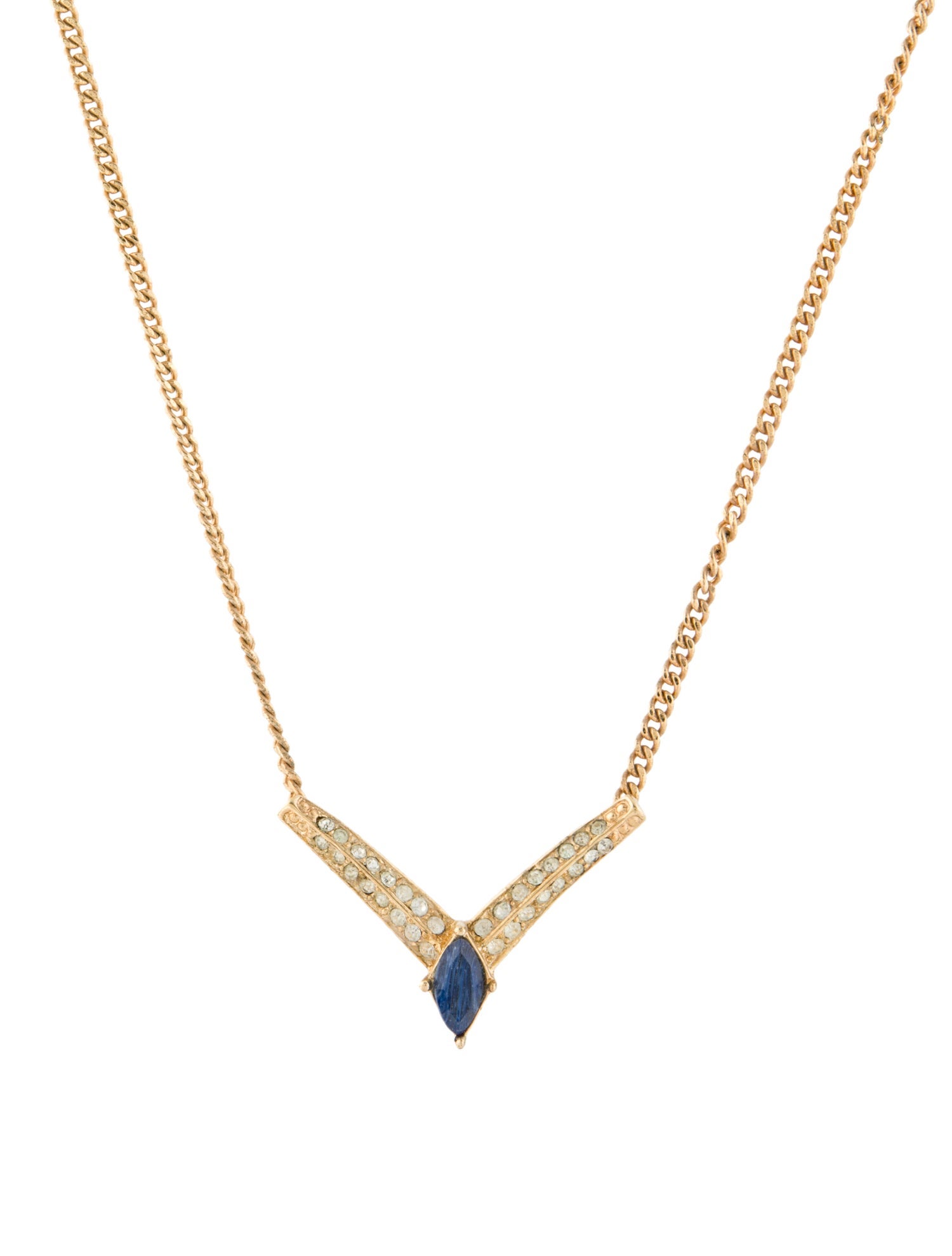 Christian Dior Vintage Crystal V Pendant Necklace - Blue, Gold-Plated ...