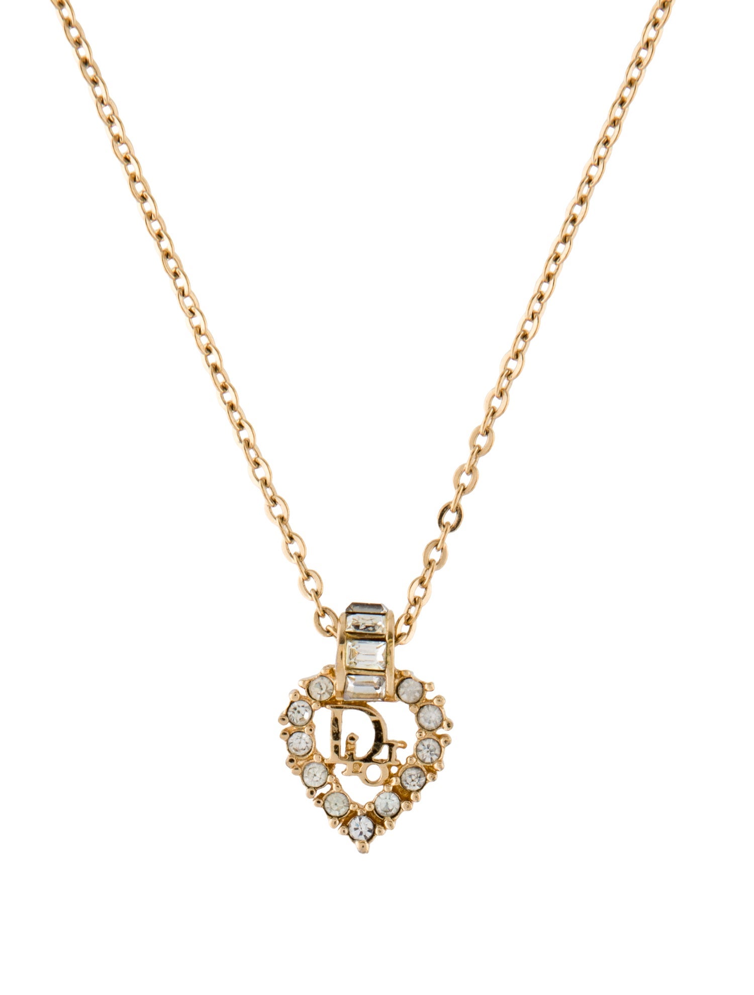 Christian Dior VIntage Crystal Heart Logo Pendant Necklace - Clear ...