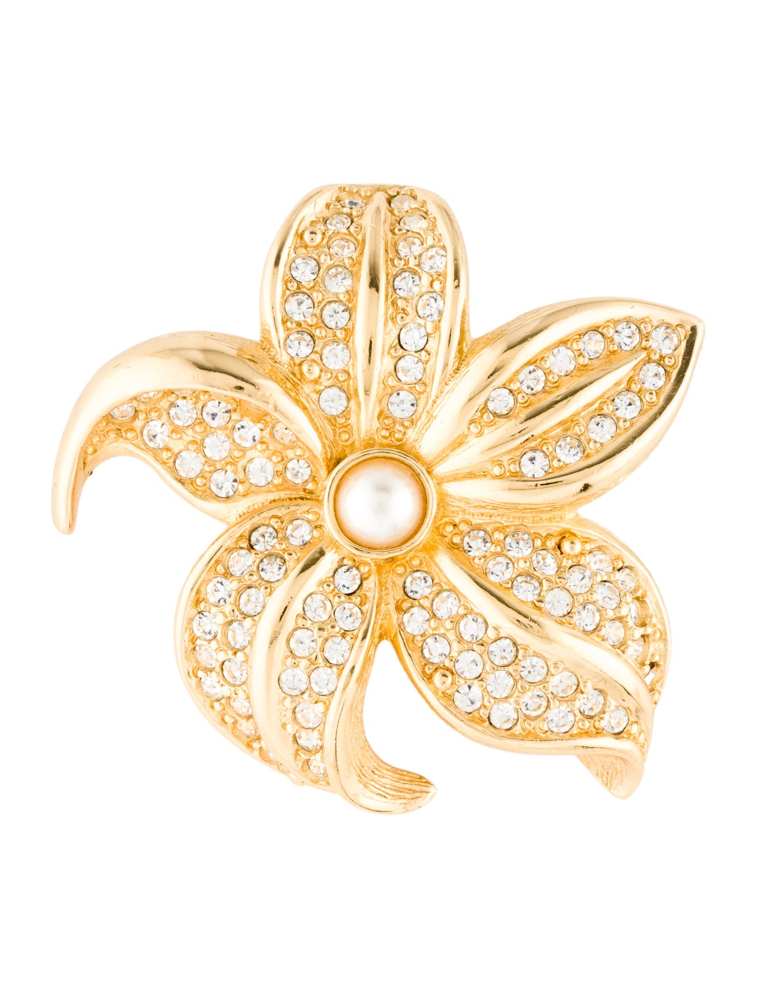 Christian Dior Faux Pearl & Crystal Flower Brooch - Gold-Plated Pin ...