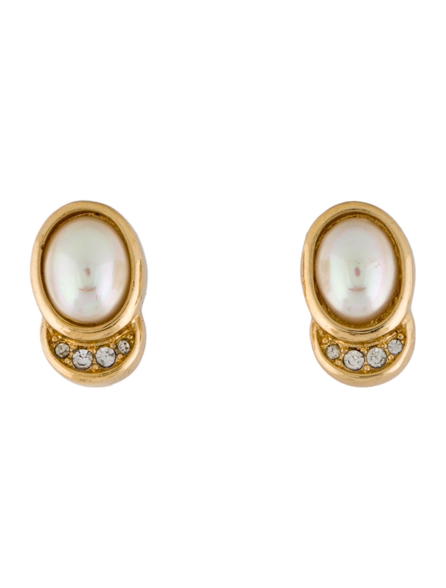 Christian Dior Vintage Faux Pearl & Crystal Clip On Earrings - White ...