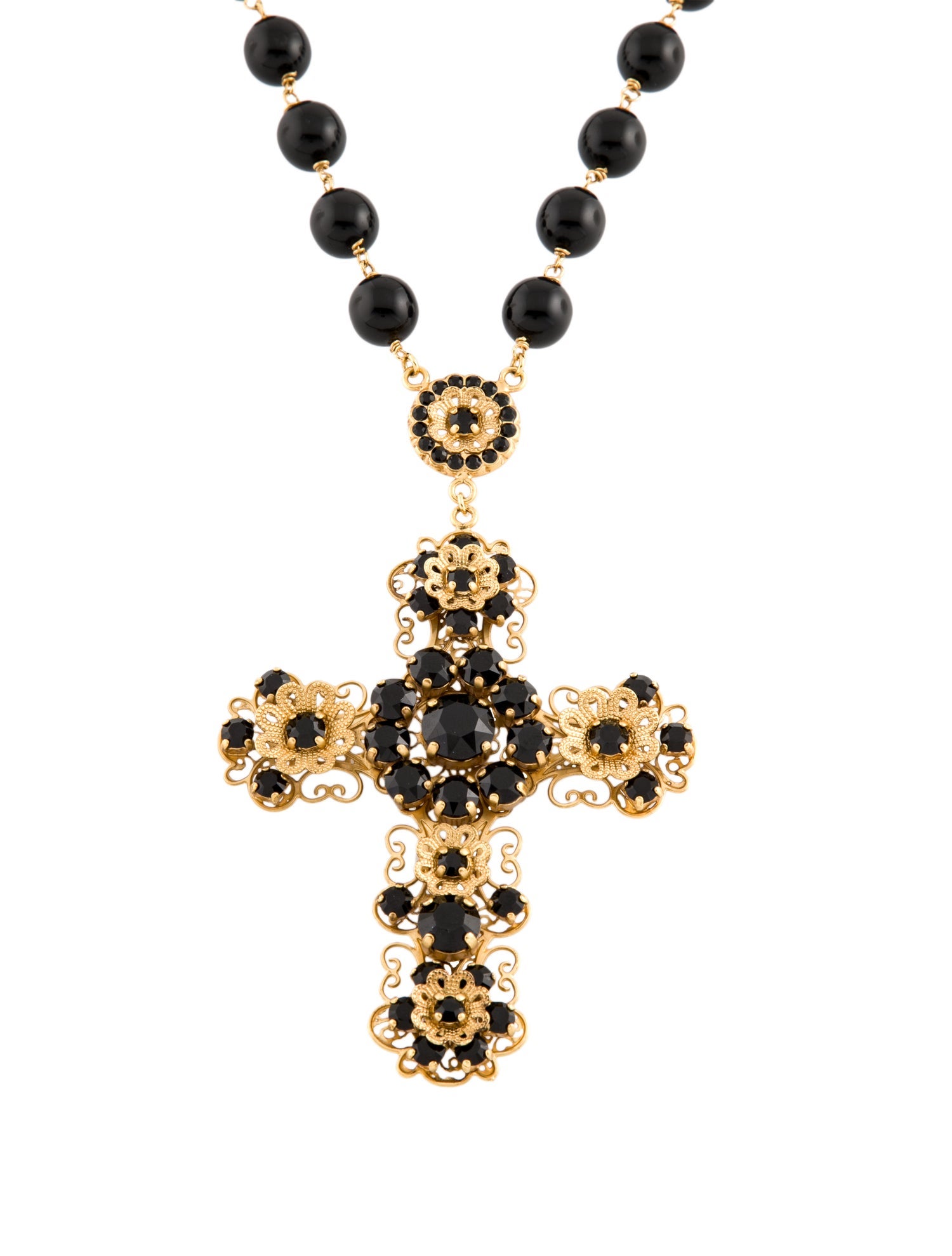 Dolce & Gabbana Crystal & Bead Cross Pendant Necklace - Black, Brass ...
