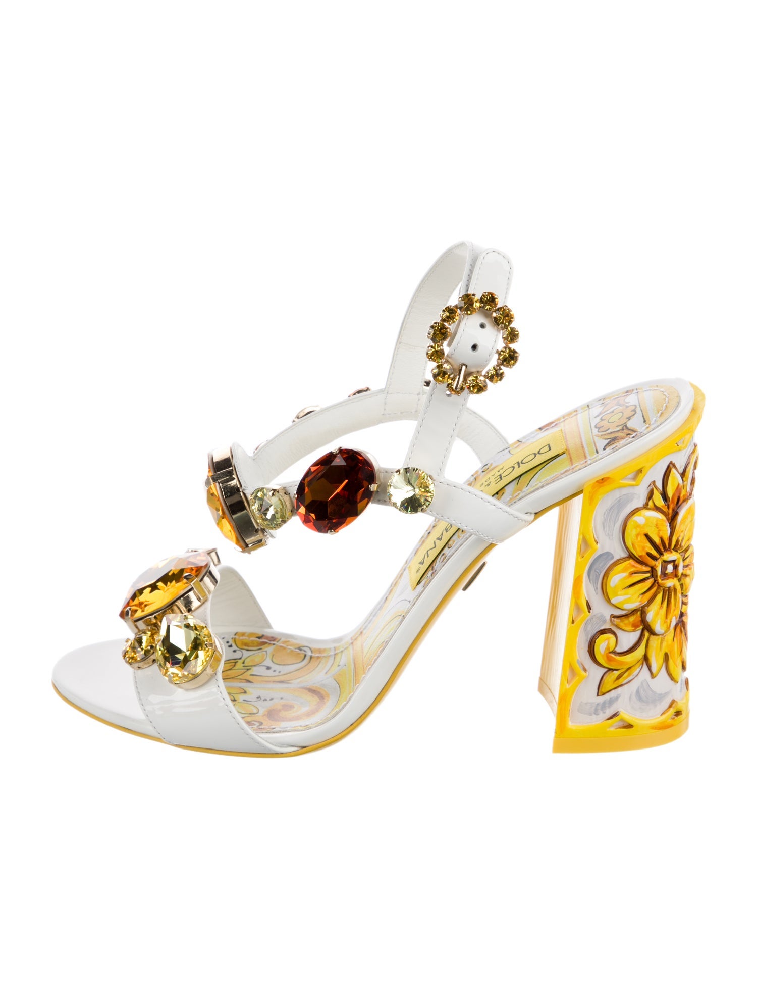 Dolce & Gabbana Leather Floral Print Sandals - Yellow Sandals, Shoes ...