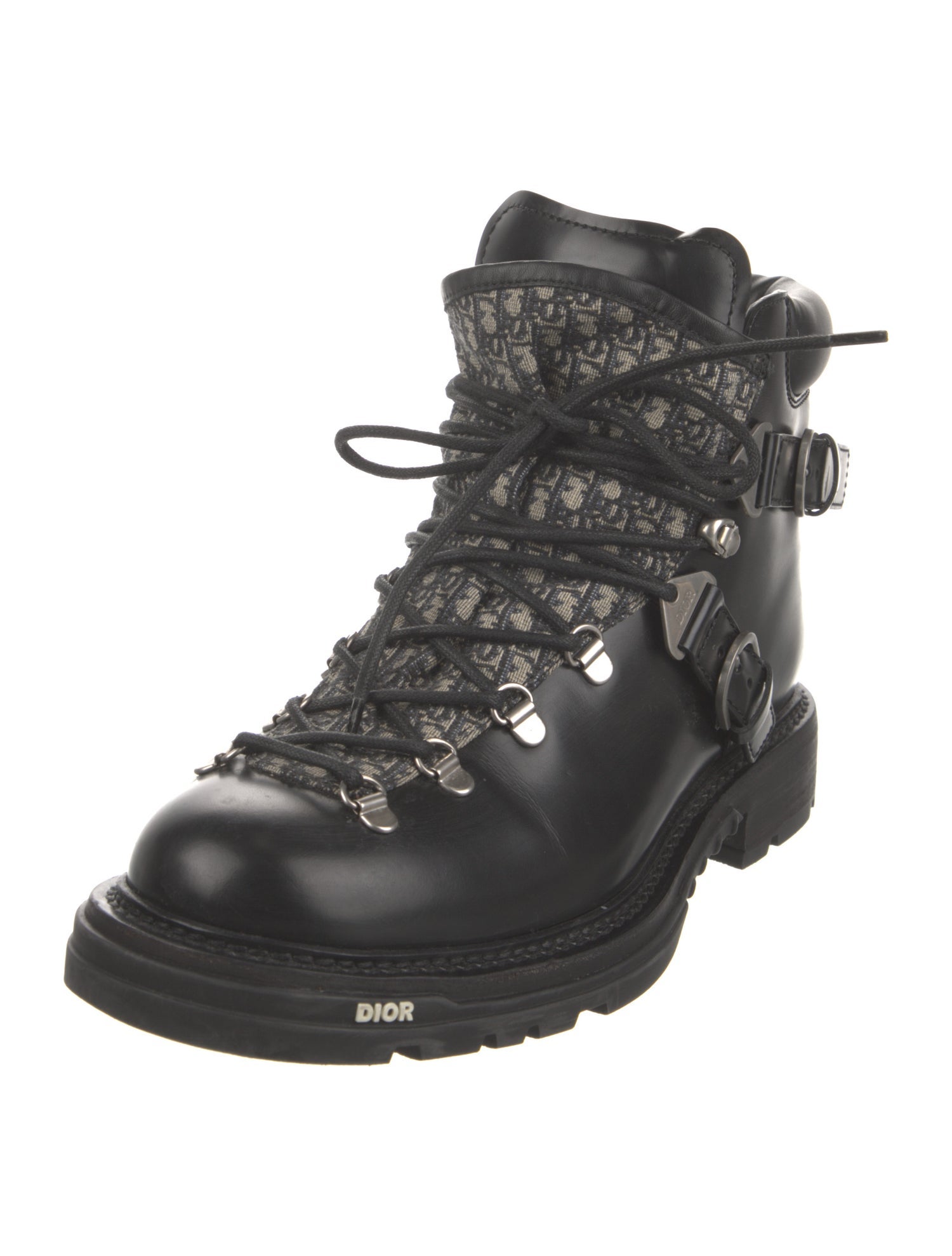 DIOR MEN Oblique Jacquard Leather Hiking Boots - Black Boots, Shoes ...