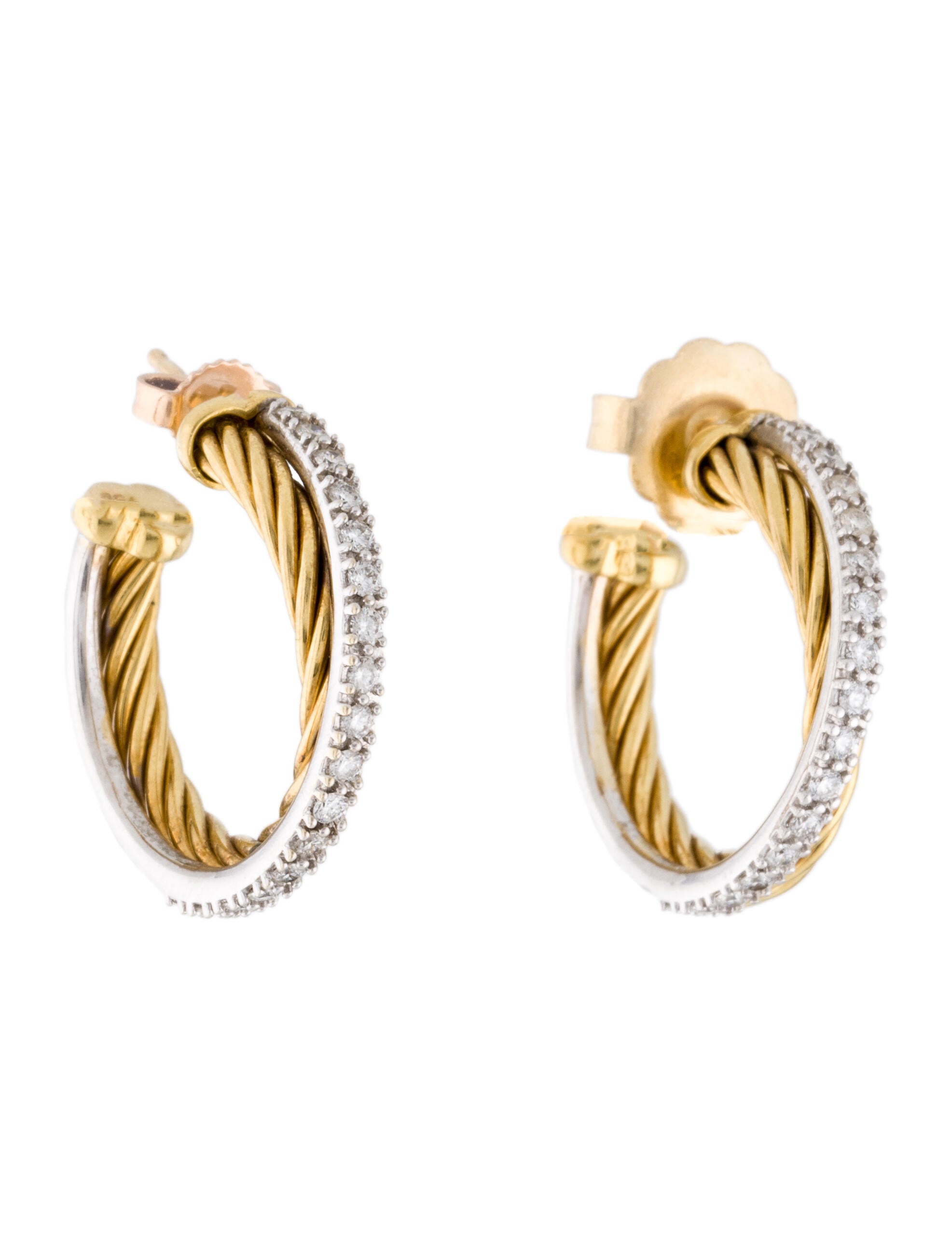 David Yurman 18K Diamond Cable Crossover Hoop Earrings - 18K Yellow ...