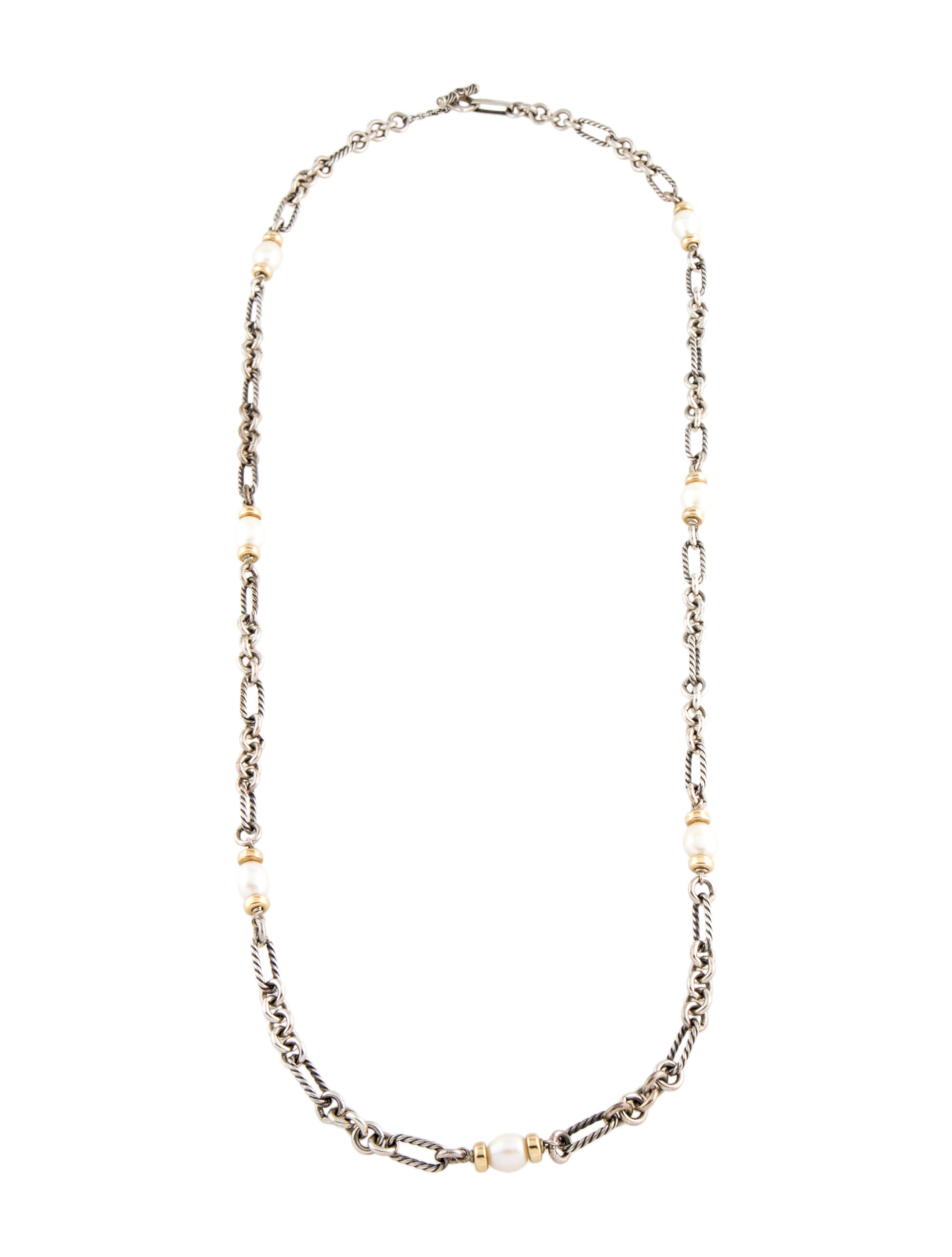 David Yurman Two-Tone Pearl Figaro Cable Chain Station Necklace - 18K ...
