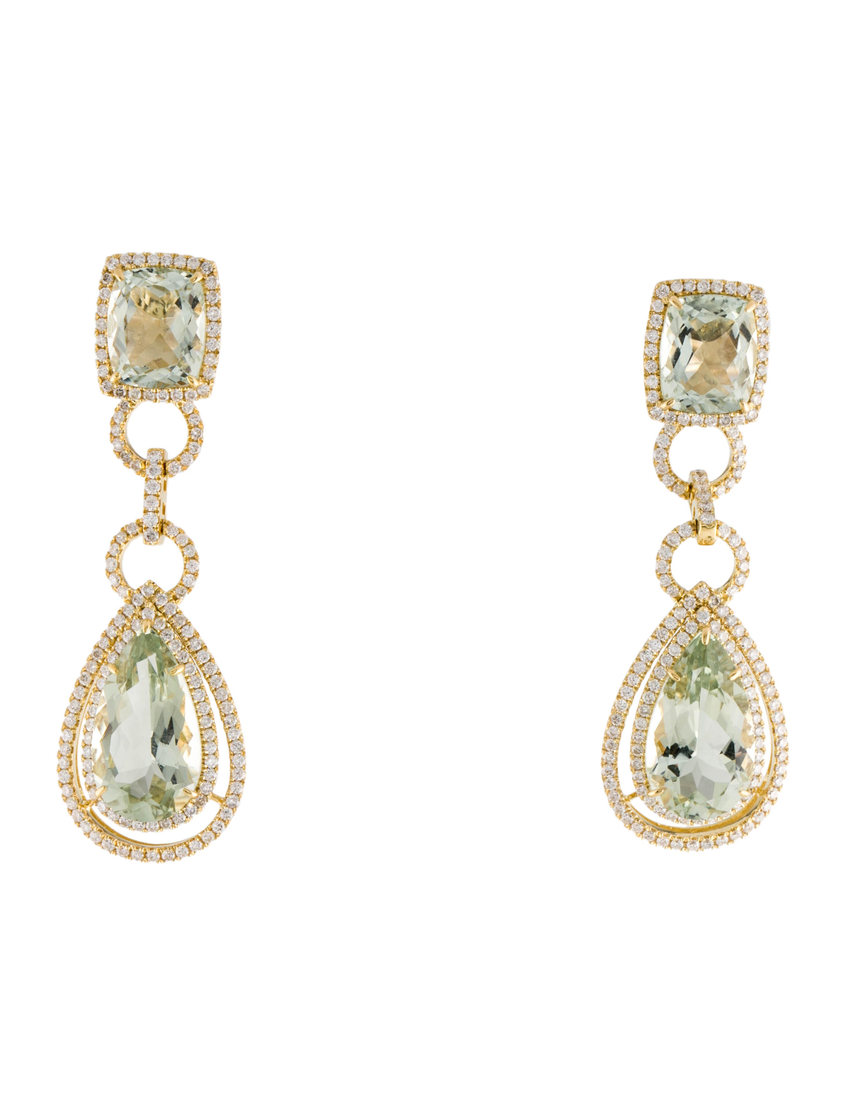 Earrings 18K Prasiolite & Diamond Drop Earrings - 14K Yellow Gold Drop ...