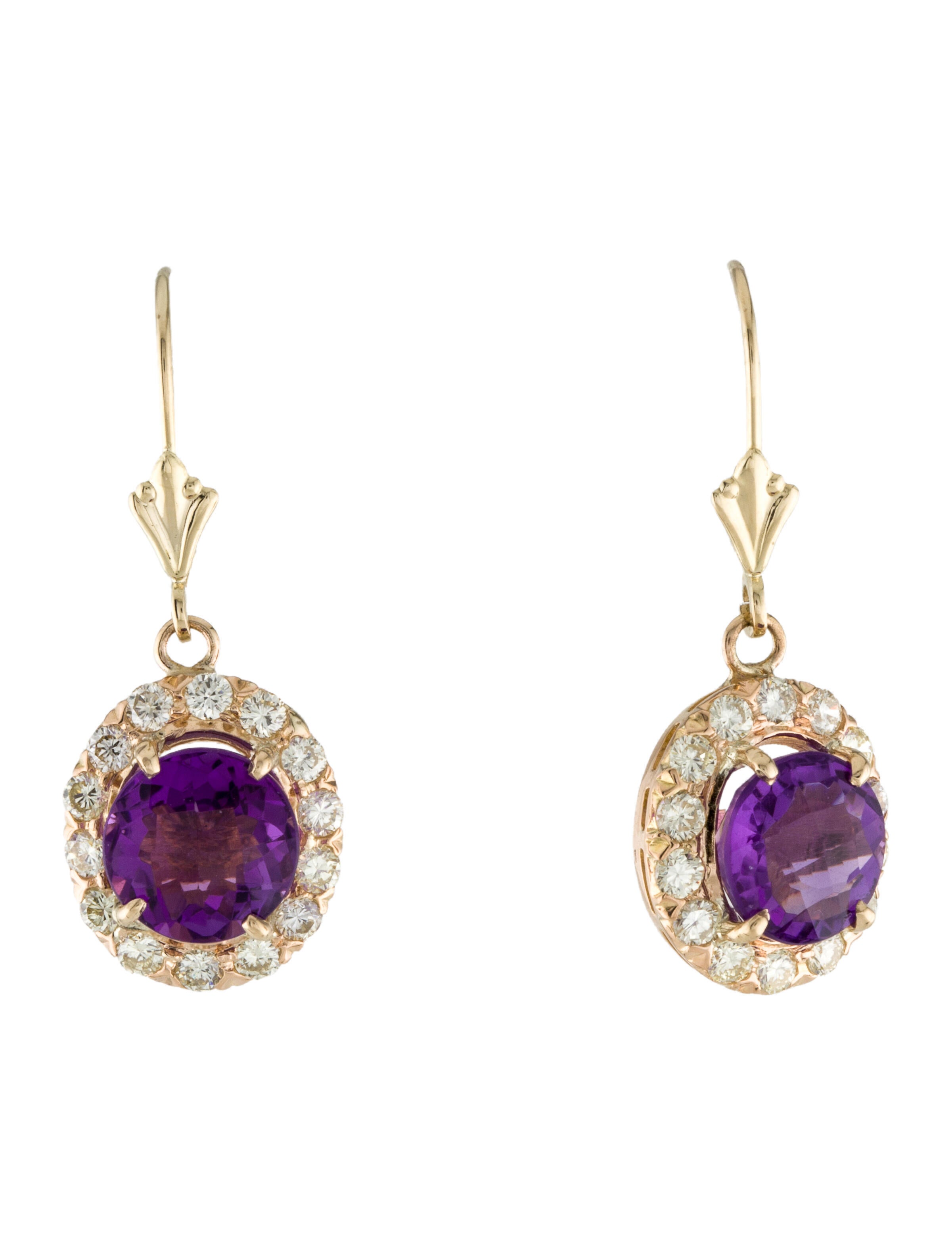 Earrings 14K Amethyst & Diamond Drop Earrings - 14K Yellow Gold Drop ...