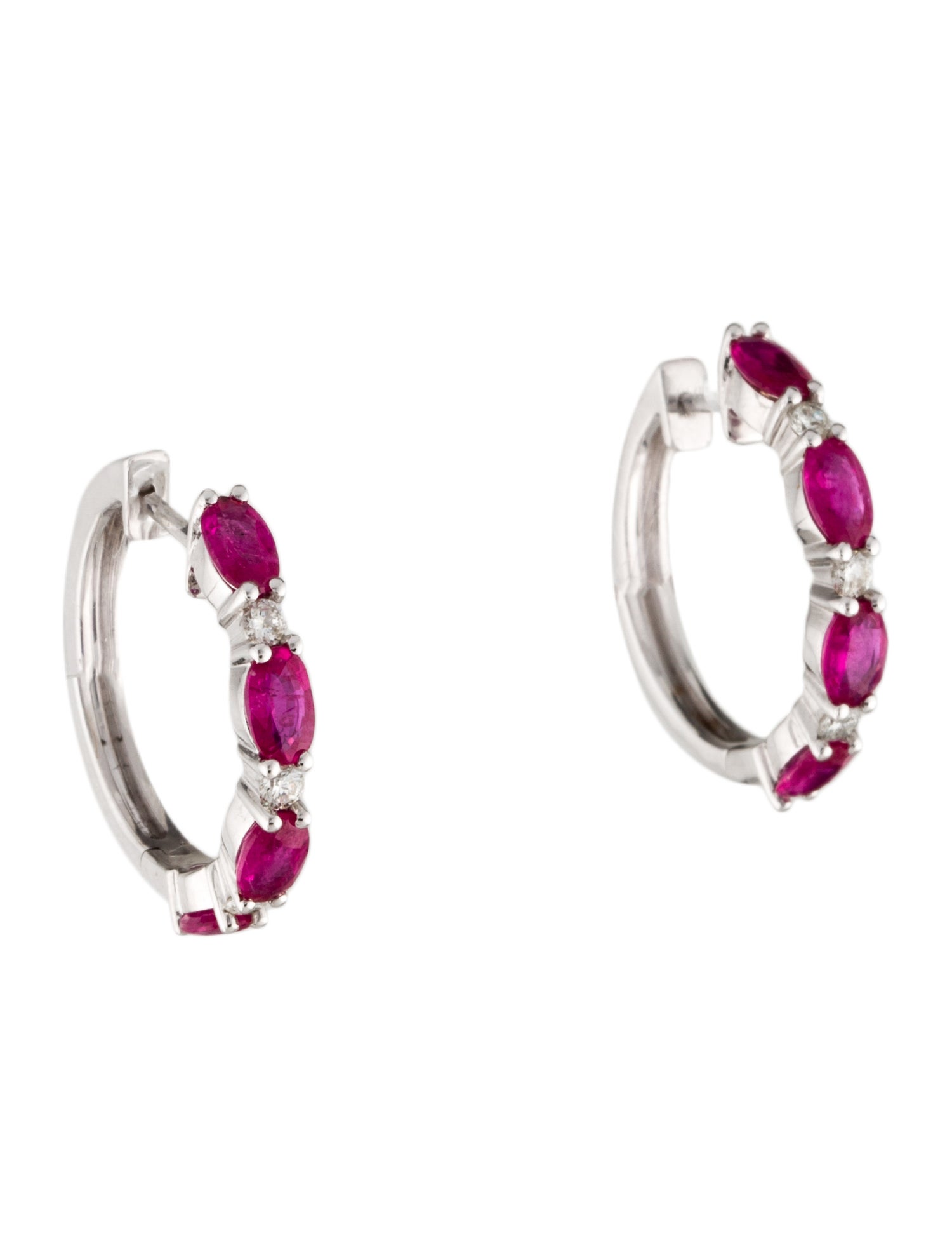Earrings 14K 1.65ctw Ruby & Diamond Hoop Earrings - Rhodium-Plated 14K ...
