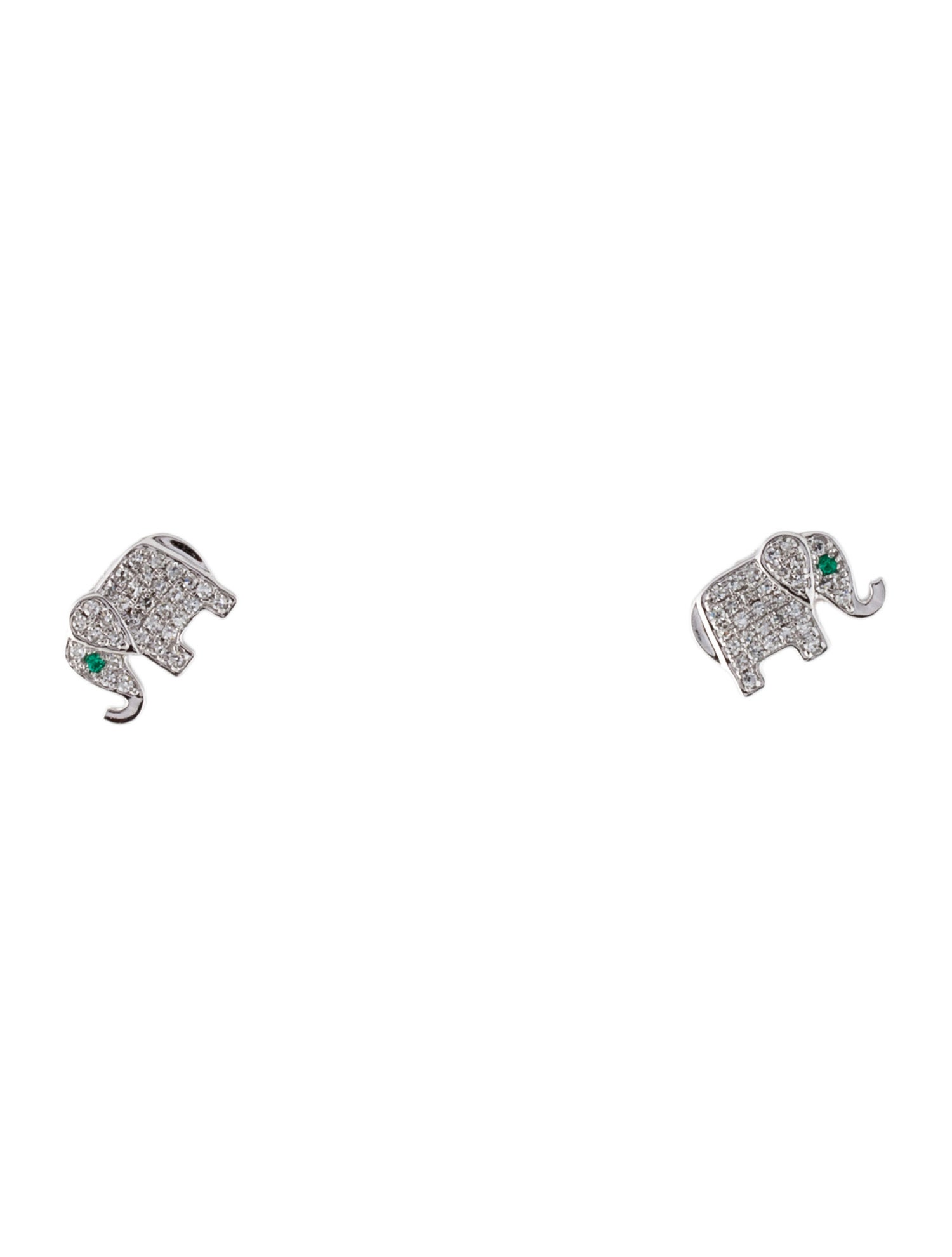 Earrings 14K Diamond & Emerald Elephant Stud - Rhodium-Plated 14K White Gold Stud, Earrings ...