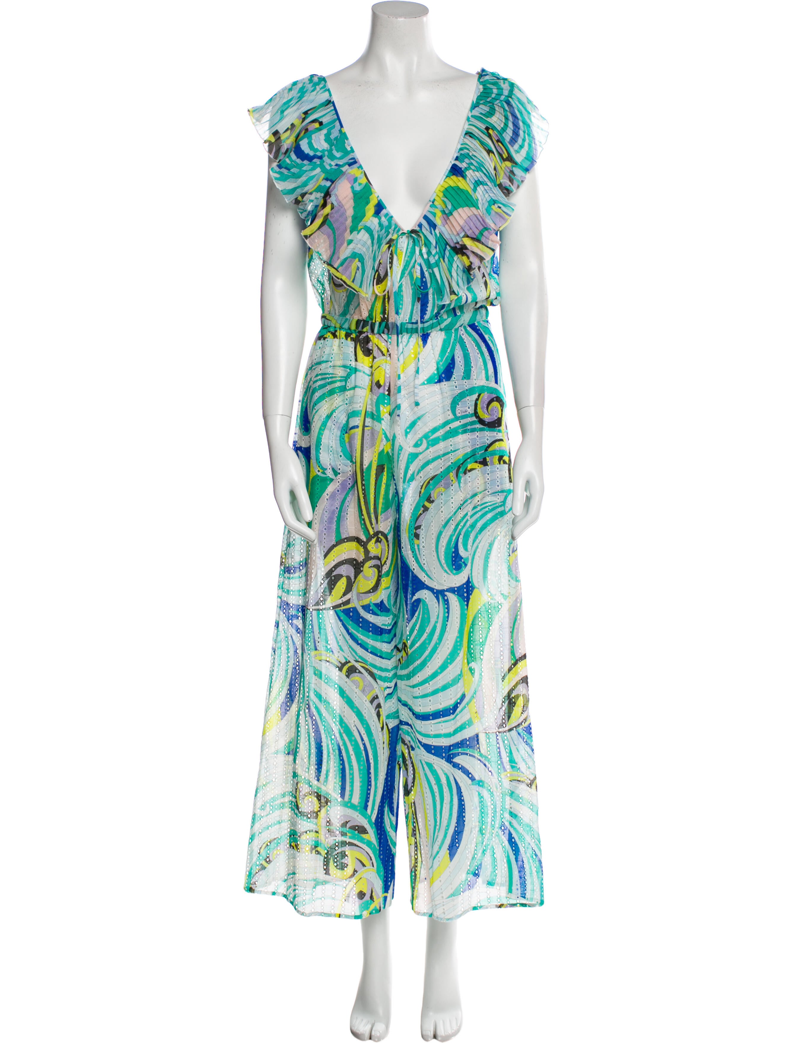 Emilio Pucci Printed Plunge Neckline Jumpsuit - Green, 12" Rise ...