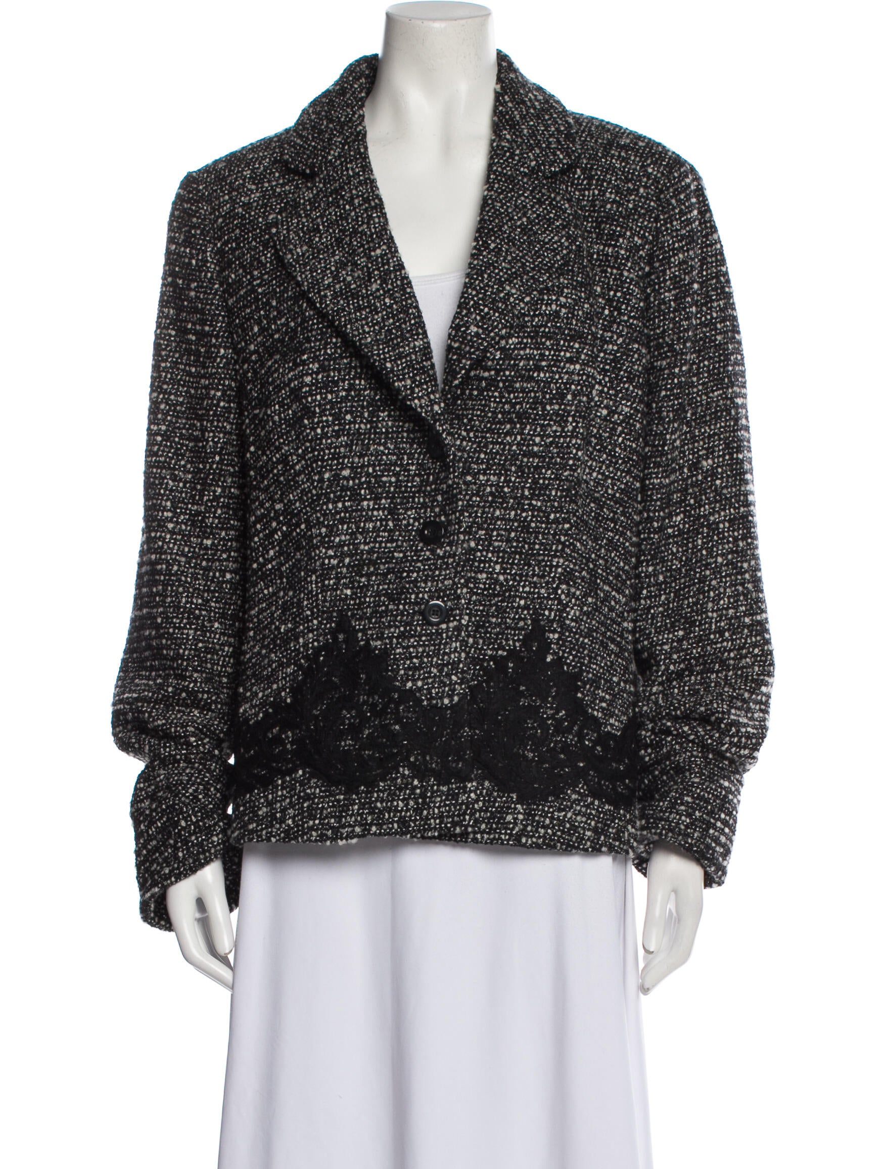 Escada Virgin Wool Tweed Pattern Faux Fur Jacket - Black Jackets ...