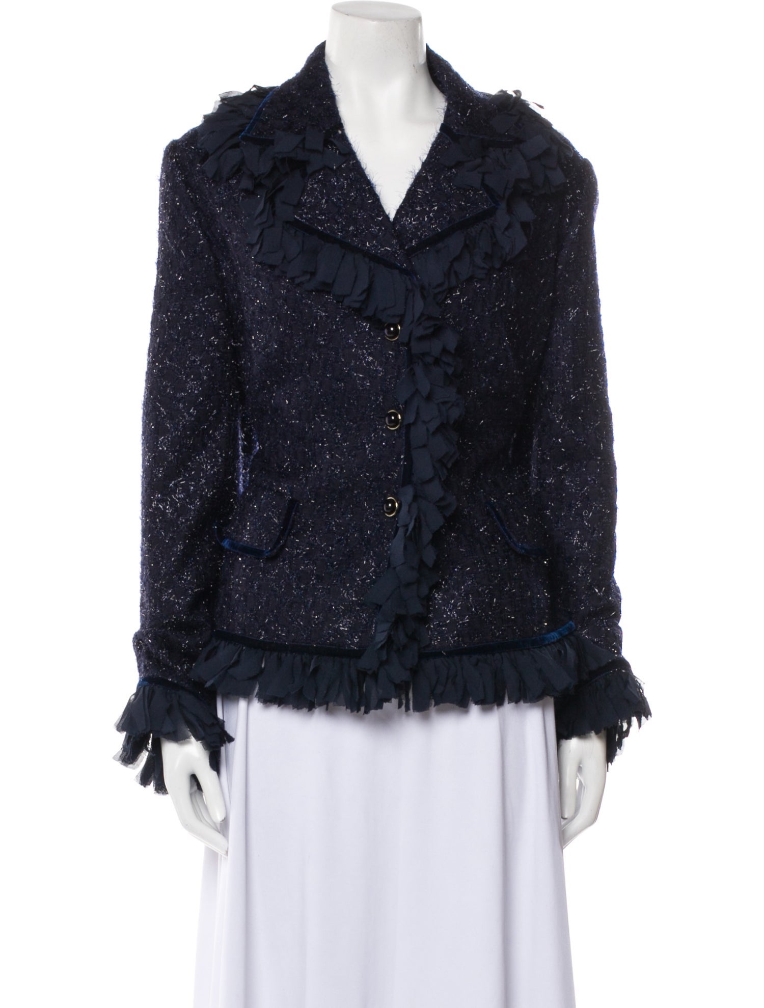Escada Tweed Pattern Faux Fur Jacket - Blue Jackets, Clothing ...